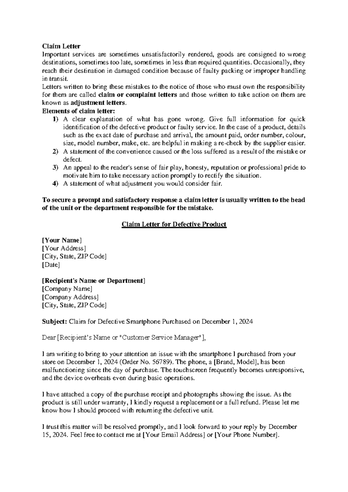 Claim & Adjustment Letters: Format & Examples for Effective ...