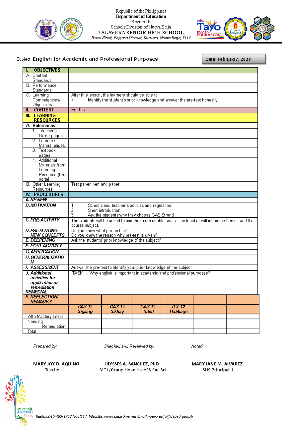 DLP-EAPP - 1 - Pre-Test Objectives and Learning Resources - Studocu
