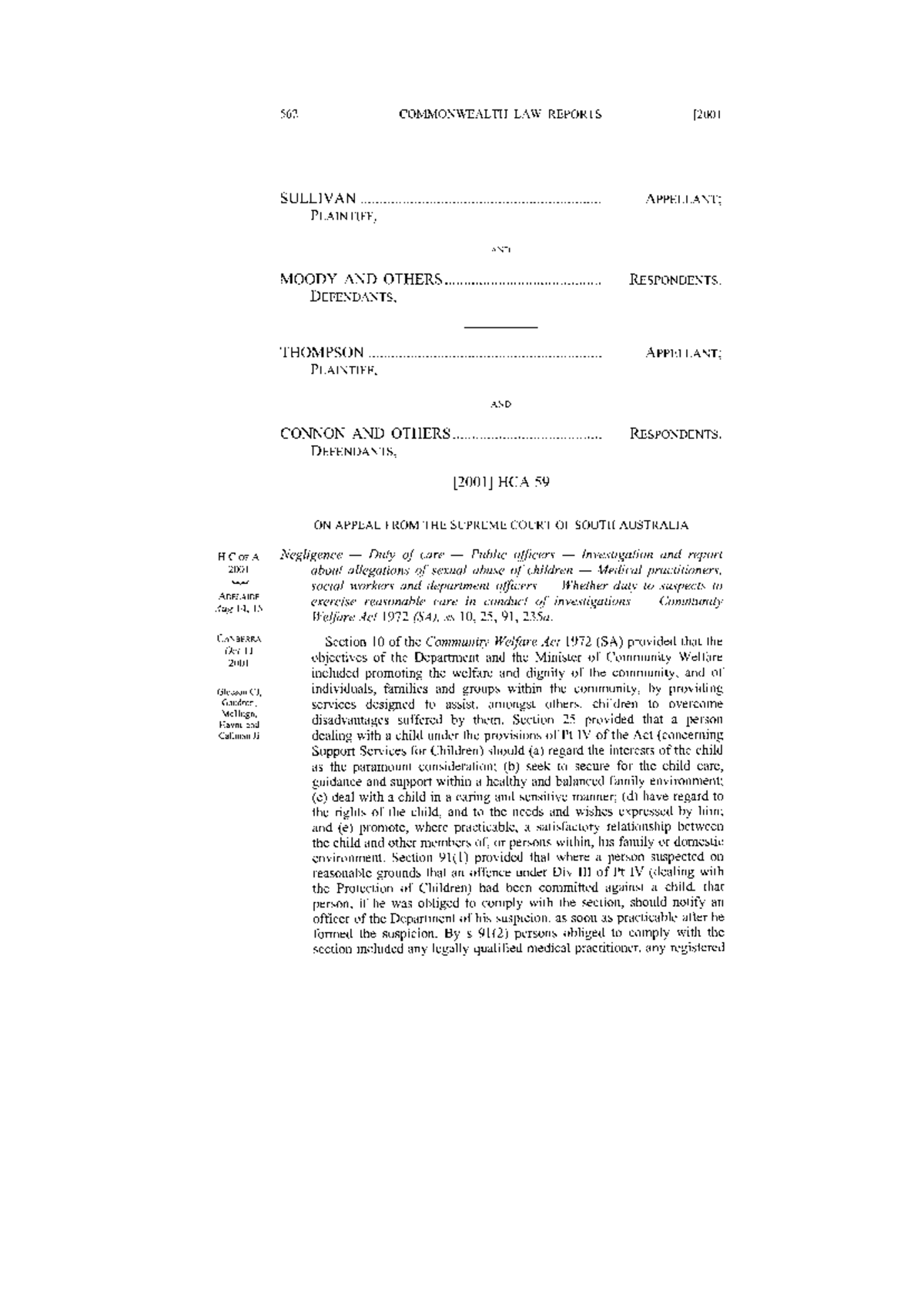 Negligence Case Study: Sullivan v Moody (2001) 207 CLR 562 Analysis ...