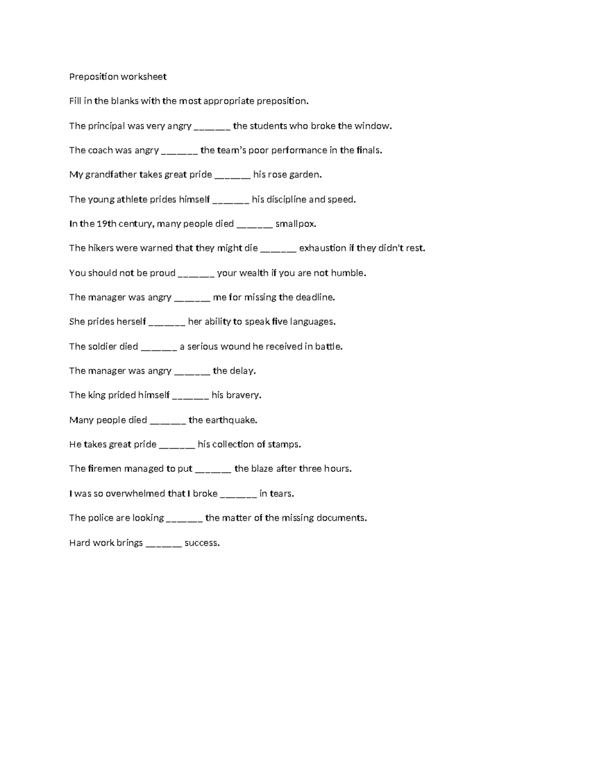 Preposition Worksheet: Fill in the Blanks Exercise - Studocu