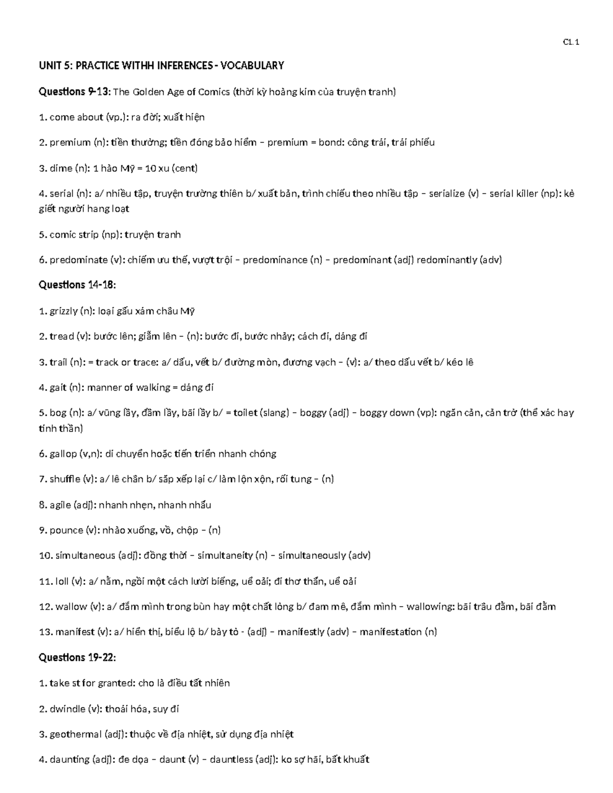 Vocabulary for Inferences & Summary - Unit 5 Exercises - Studocu