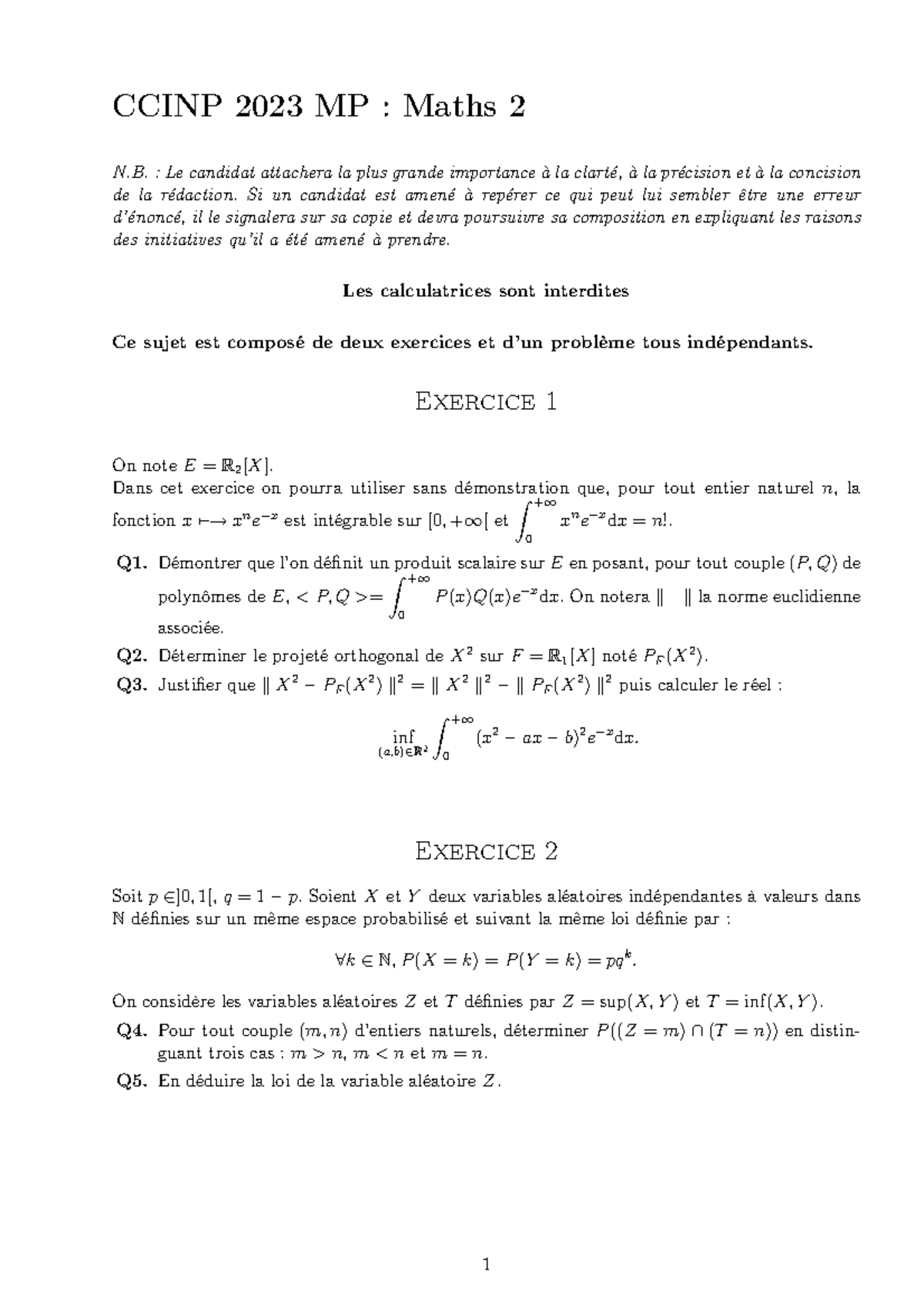 CCINP 2023 MP-MPI : Maths 2 - Examen Final et Problèmes - Studocu