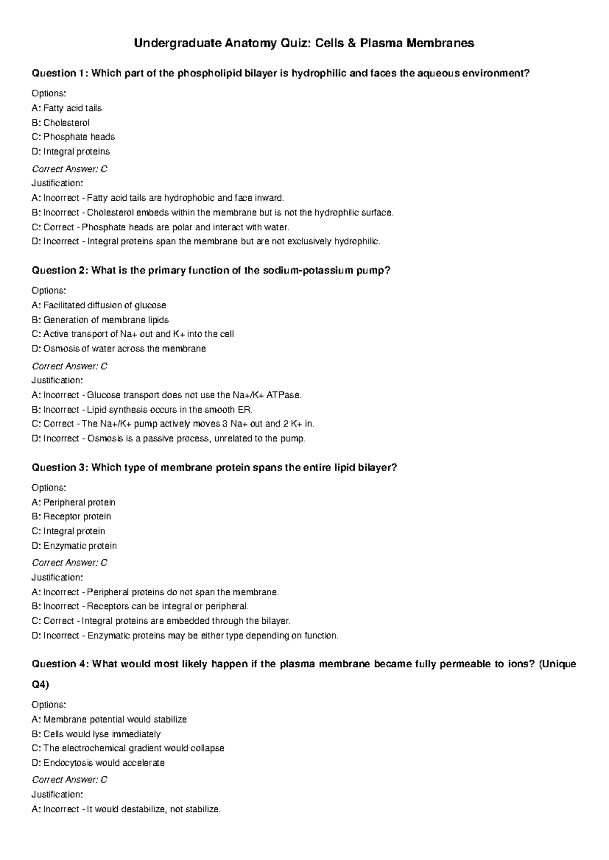 Undergraduate Anatomy Quiz (Final): Unique Questions on Cells ...