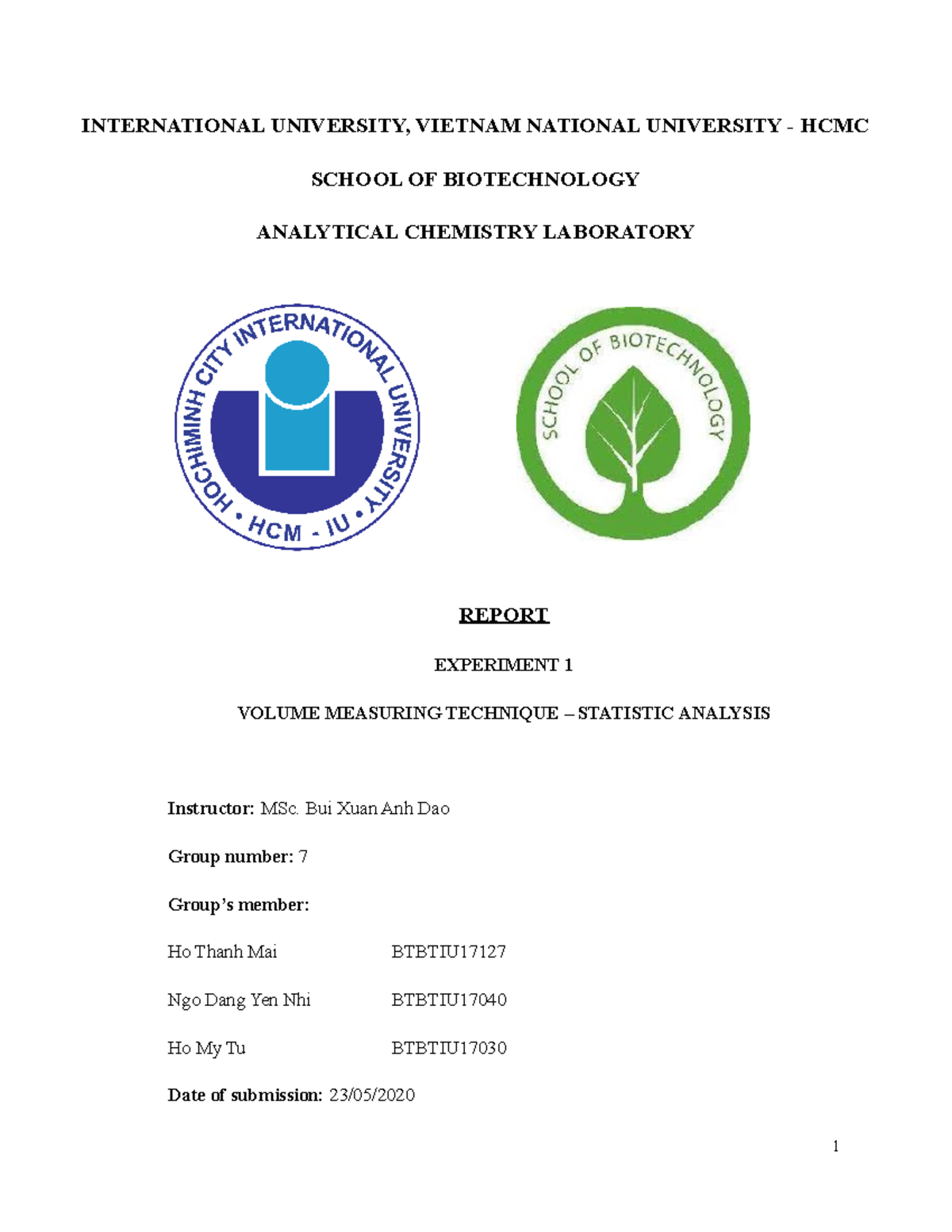 Report 1 - Volume Measuring Techniques & Statistical Analysis (ACM101 ...