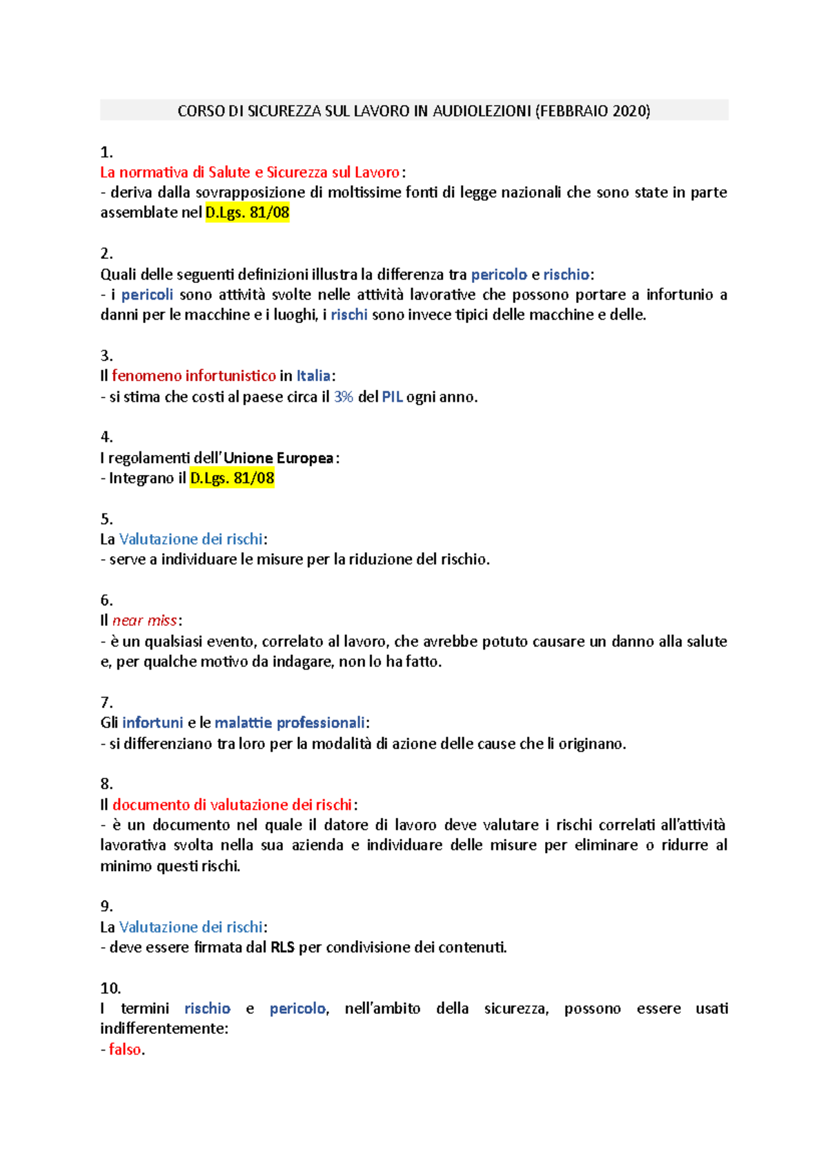 Domande d'Esame - Corso di Sicurezza sul Lavoro (D.Lgs. 81/08) - Studocu