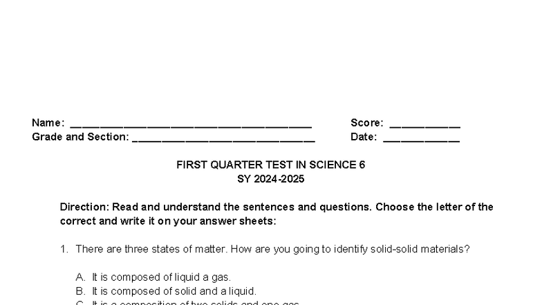 Science 6 1st Periodical Test 2024-2025: Matter & Mixtures - Studocu