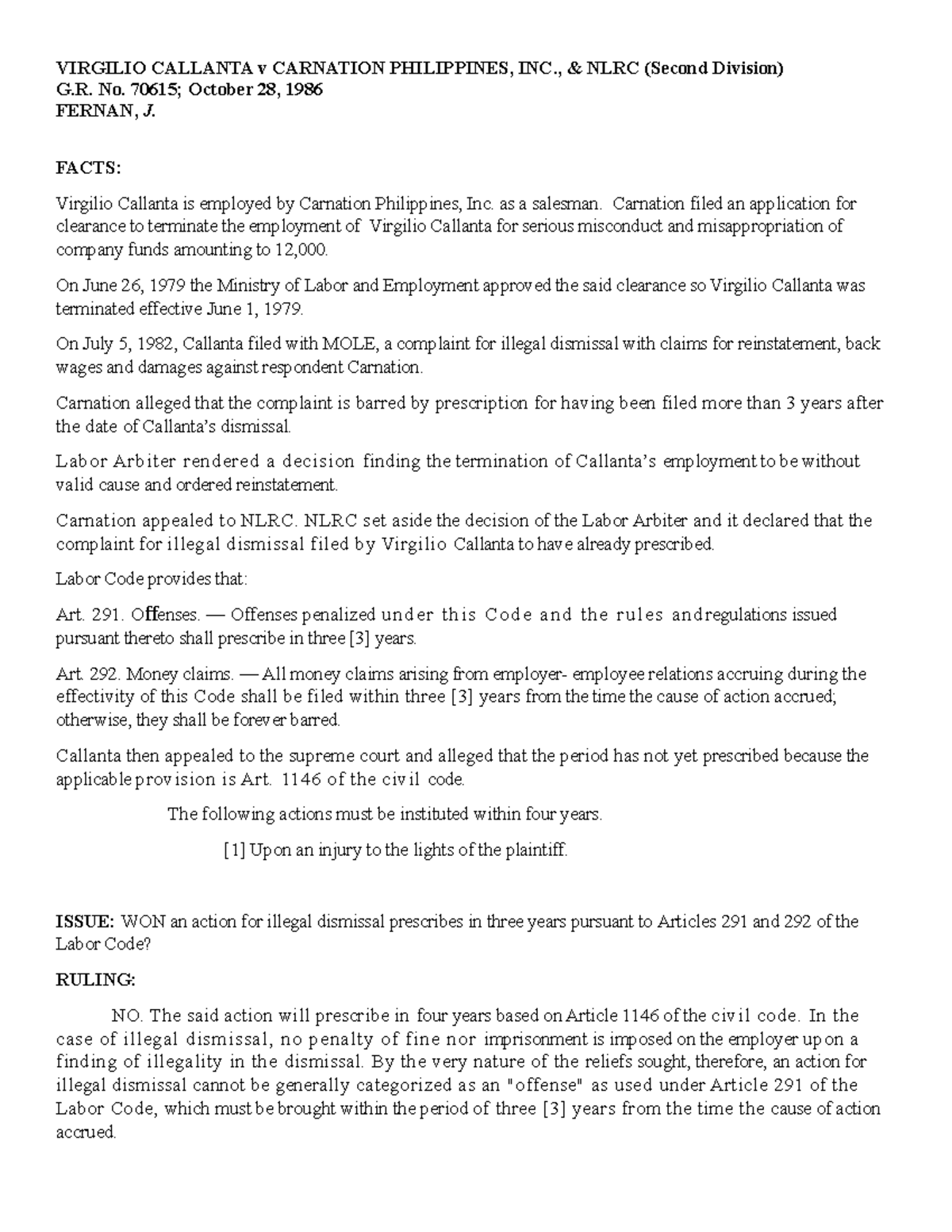 Callanta v Carnation Philippines, Inc. - Supreme Court Case Analysis ...