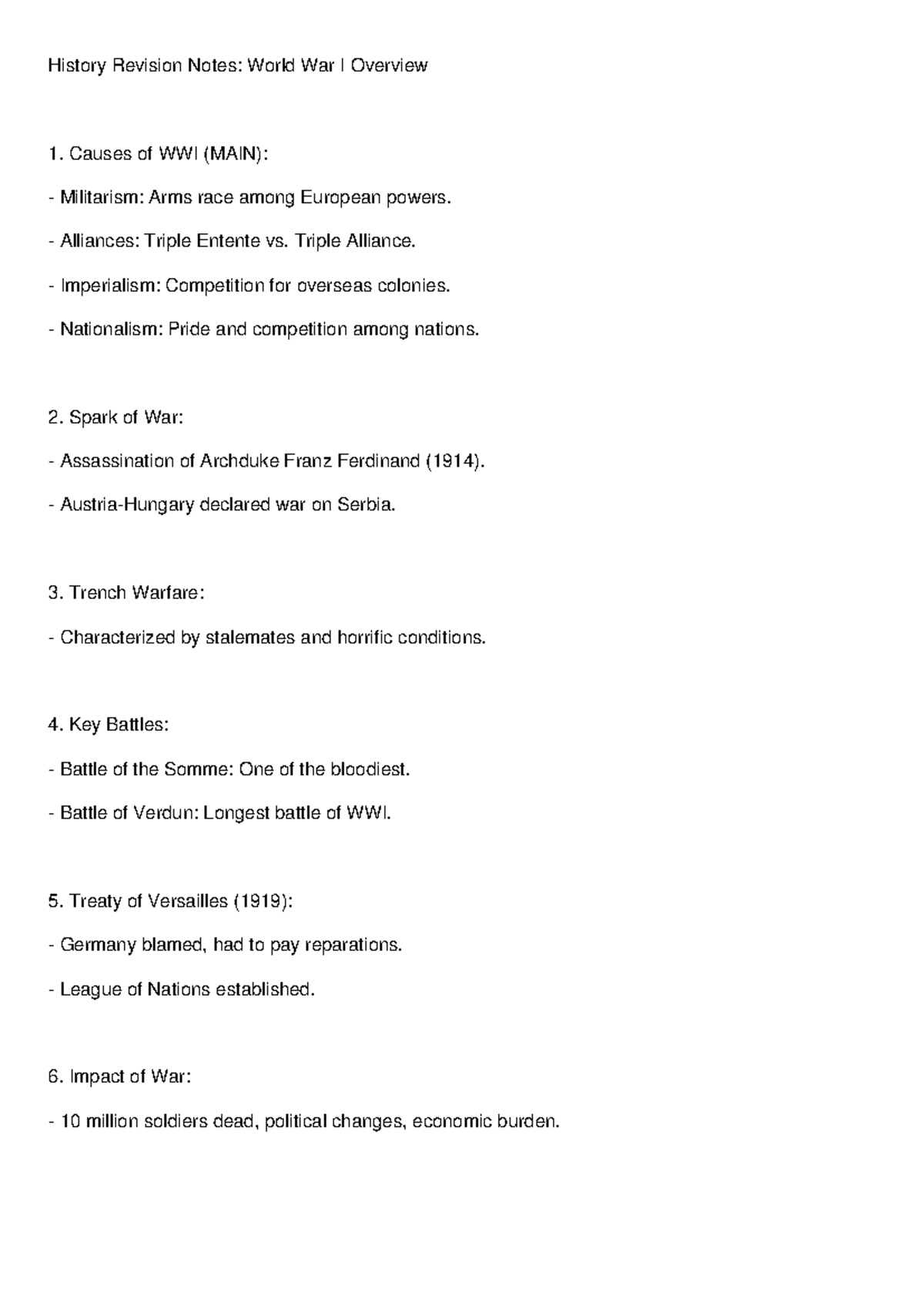 History Revision Notes: WWI Overview and Key Events - Studocu