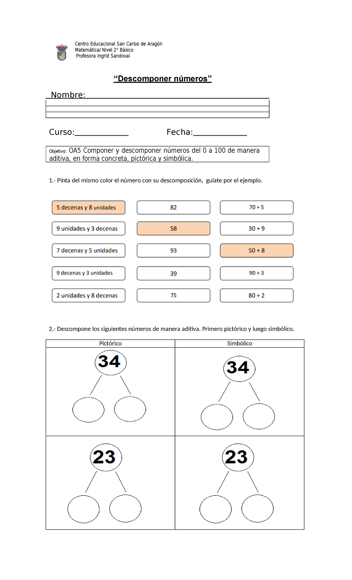 2° Básico Matemática Guía Descomposición de números - Objetivo: OA5 ...