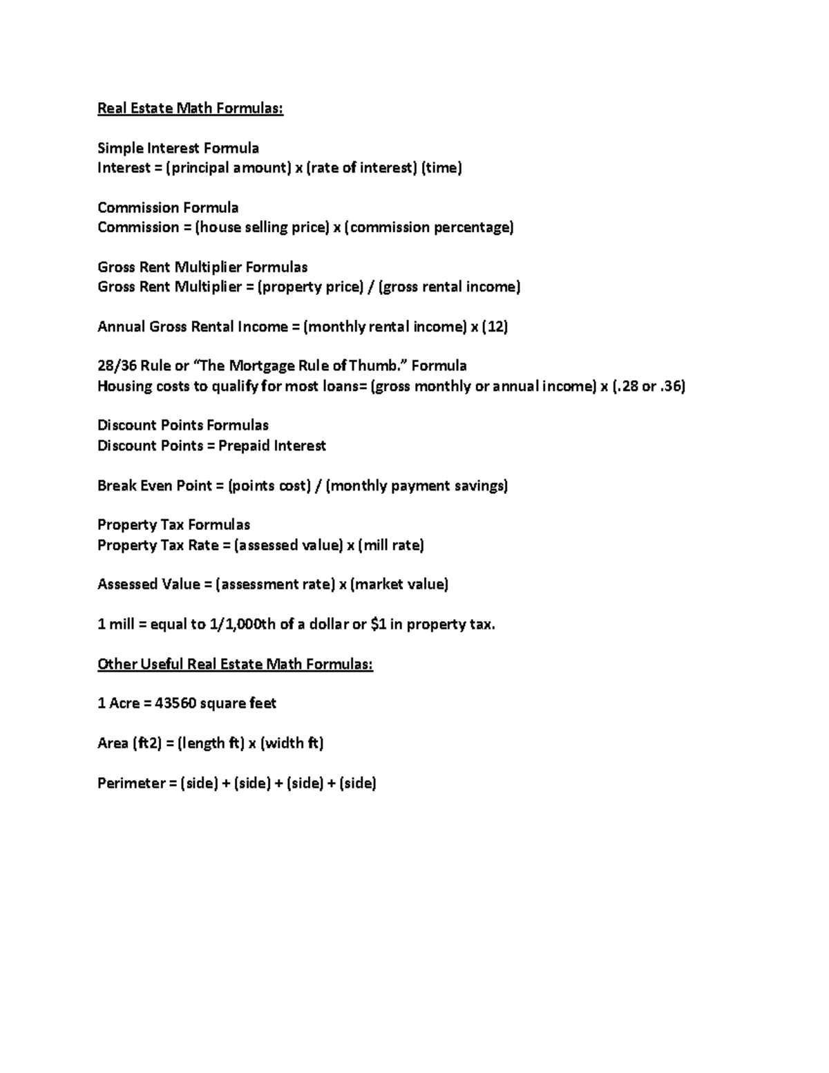 Real Estate Math Formulas: Essential Calculations for RE 101 - Studocu
