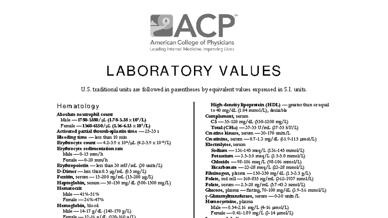Normal Lab Values in Hematology and Chemistry (LAB 101) - Studocu