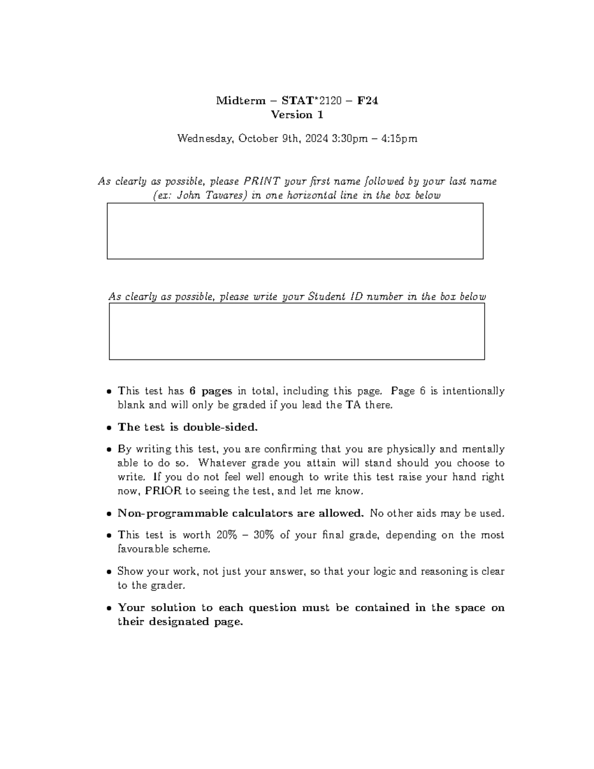 STAT2120 - Midterm Exam - F24 - Version 1 - Official Document - Studocu