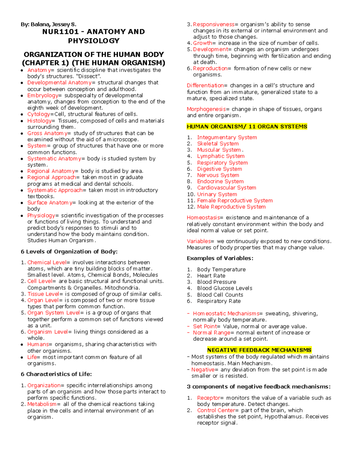 NUR1101 Anatomy & Physiology: Chapter 1 - The Human Organism - Studocu