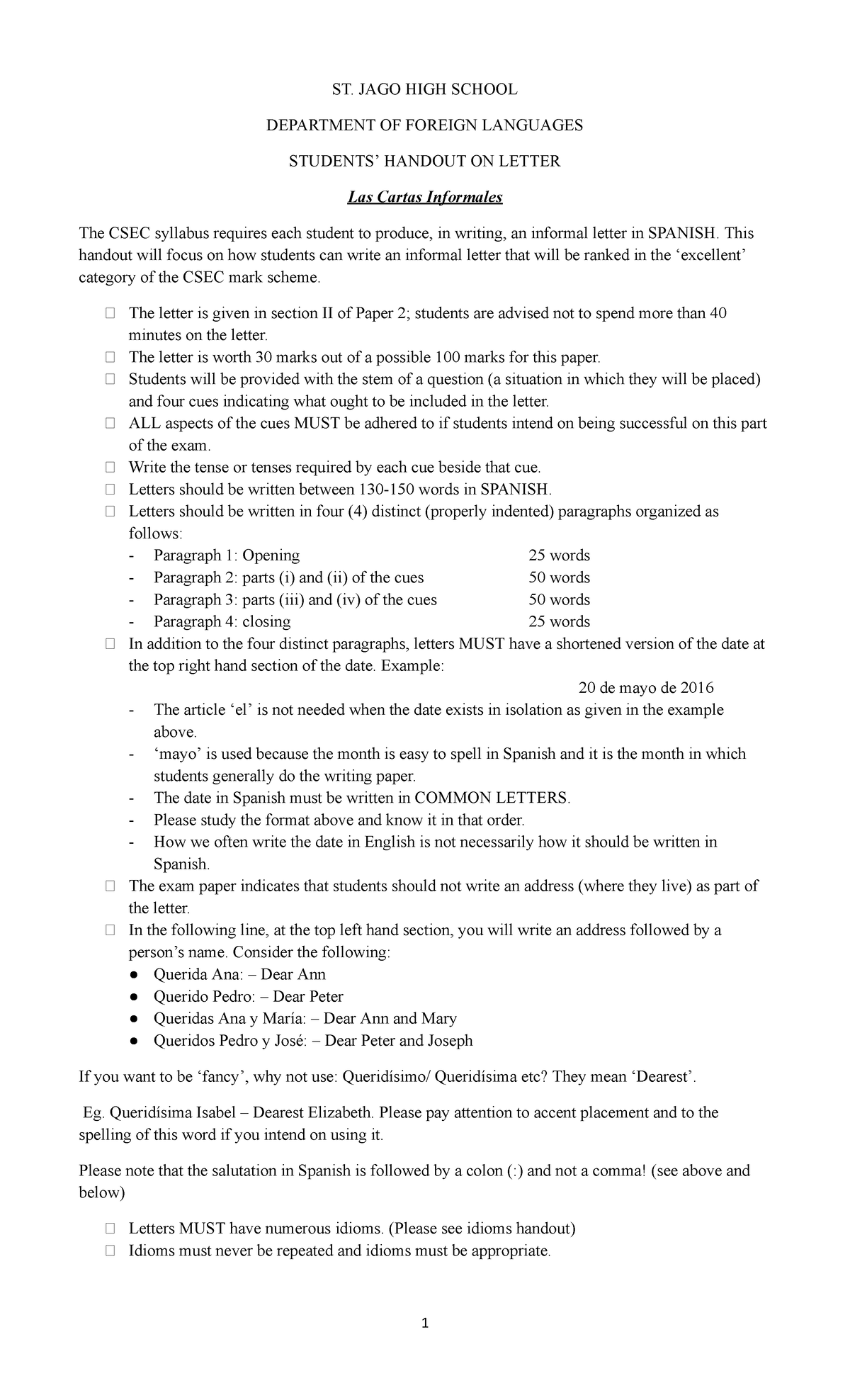 CSEC Spanish Informal Letters Guide - Updated April 2025 - Studocu