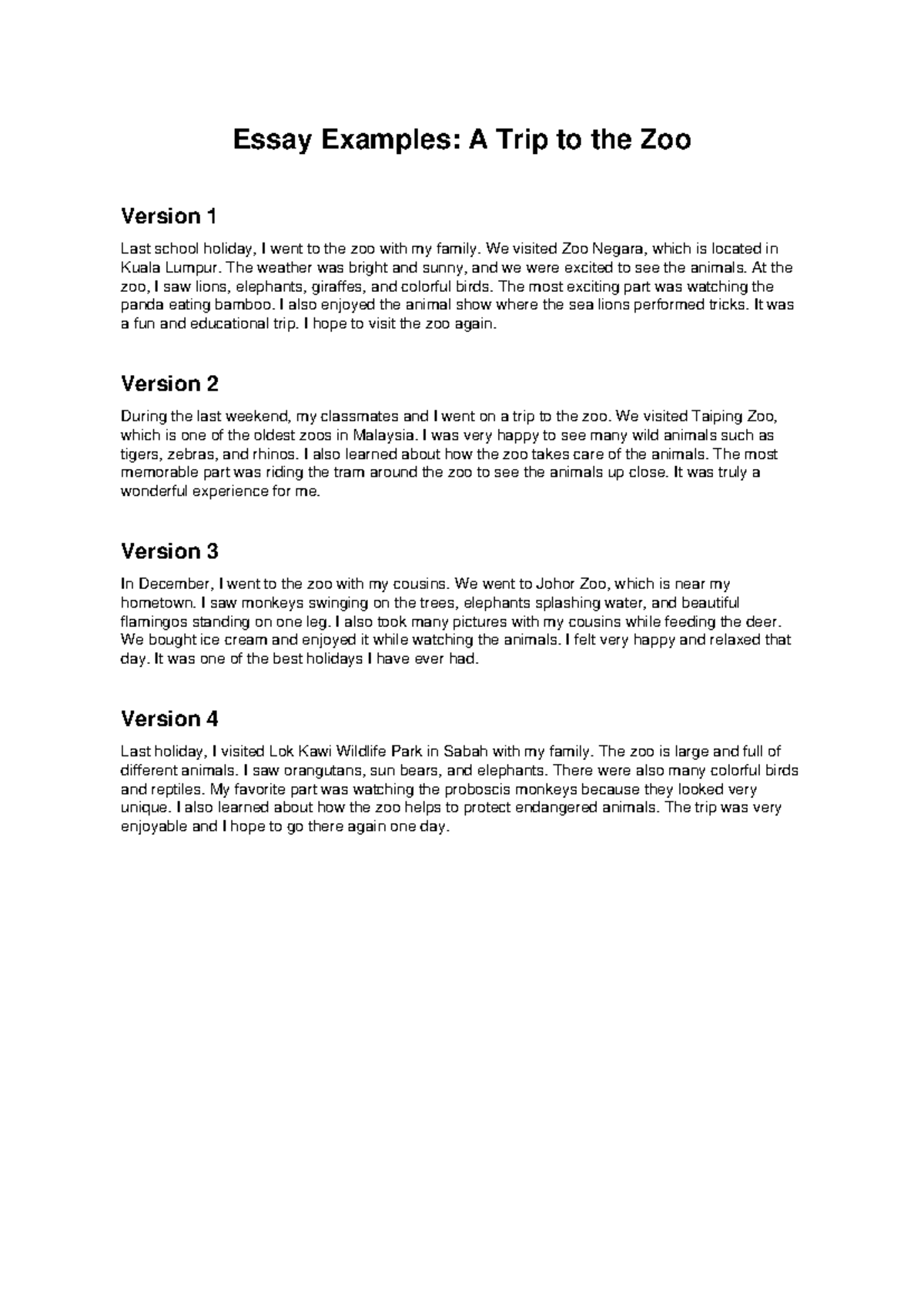 Essay Examples: A Trip to the Zoo (Multiple Versions) - Studocu