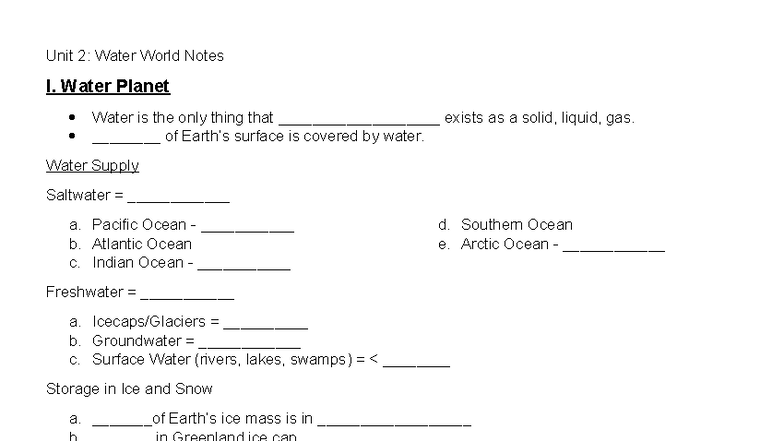 Unit 2: Water World Notes - Key Concepts and Processes - Studocu