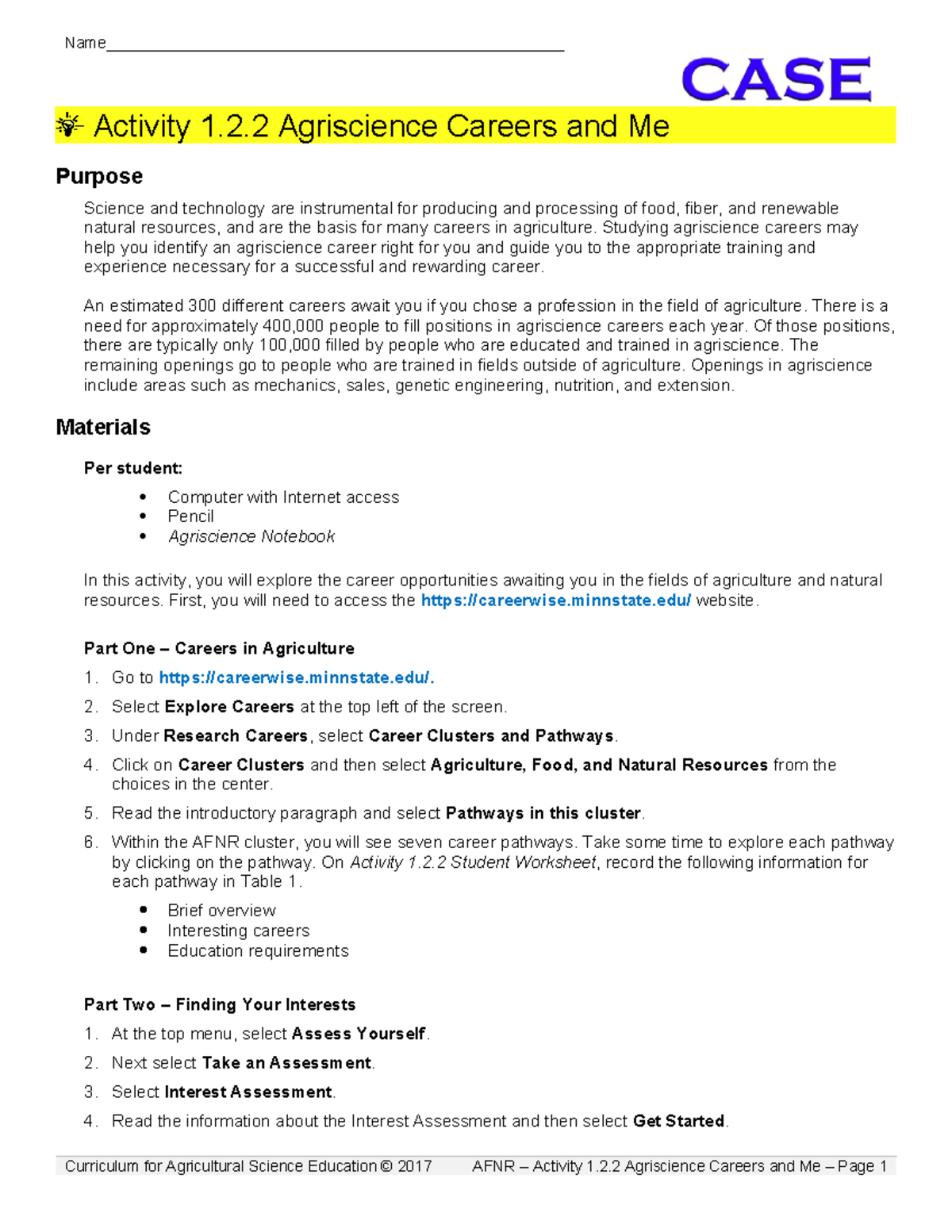 Activity 1.2.2: Exploring Agriscience Careers & Personal Interests ...