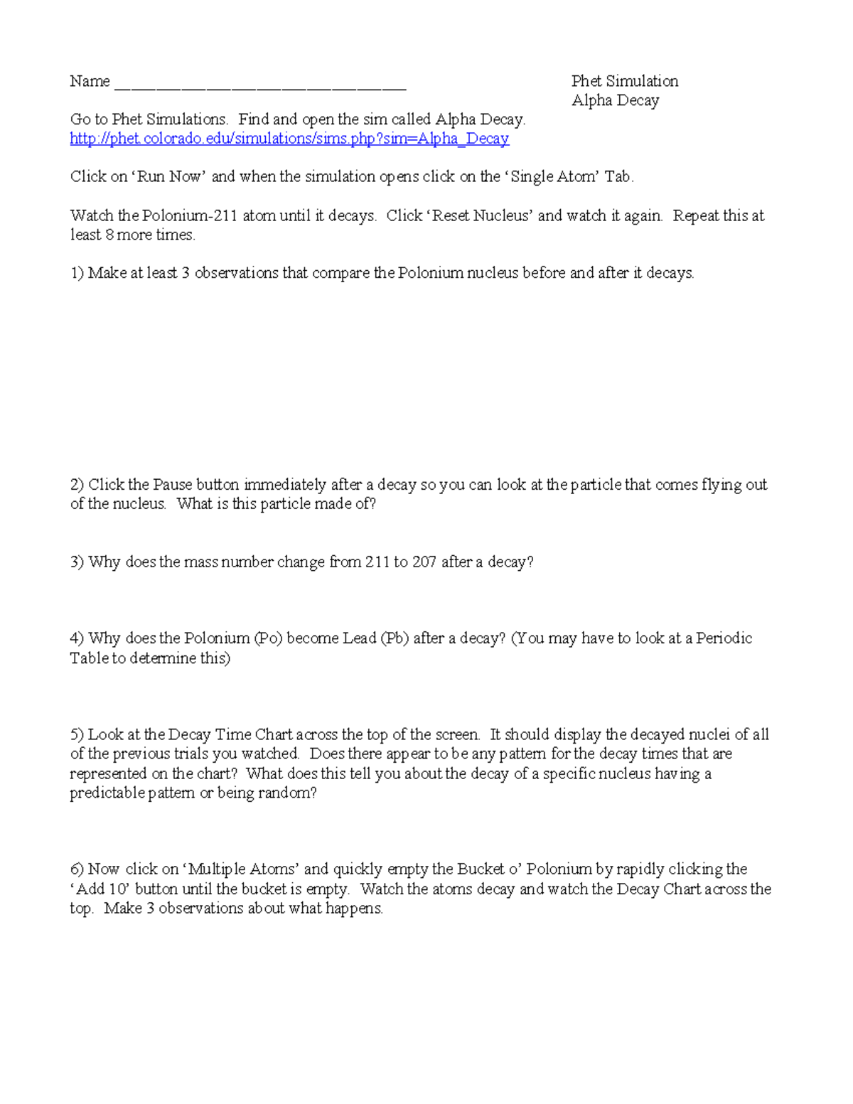 Phet Simulations: Alpha Decay Lab - Nuclear Chemistry Experiment - Studocu