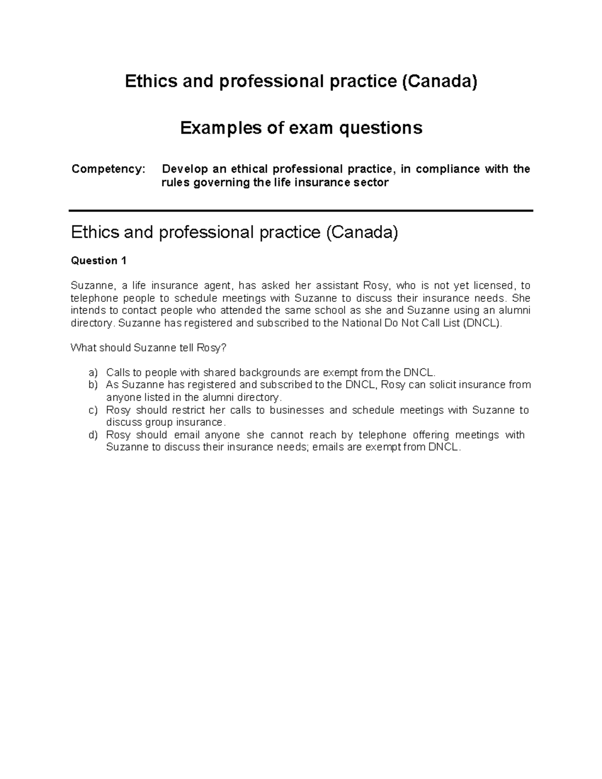 Sample Ethics Exam Questions (All Provinces Except QC) - Studocu