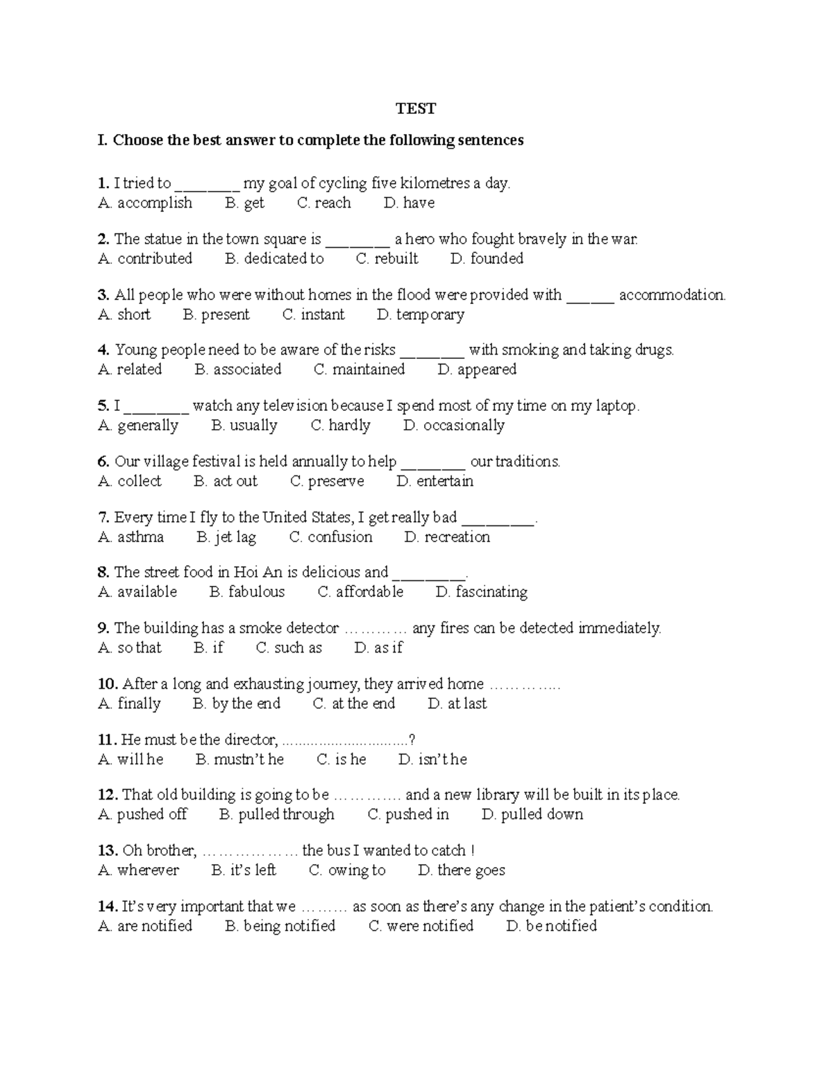 TEST I: Multiple Choice Questions and Grammar Exercises - Studocu