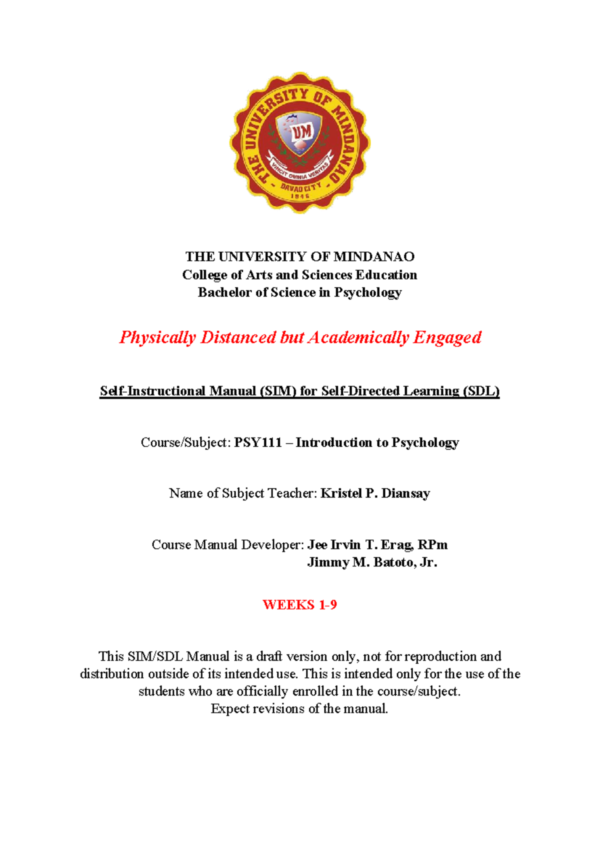 PSY 111 - Introduction to Psychology: Comprehensive Self-Instruction ...