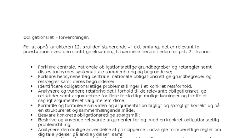Obligationsret: Forventninger til Skriftlig Eksamen og Karakter 12 ...