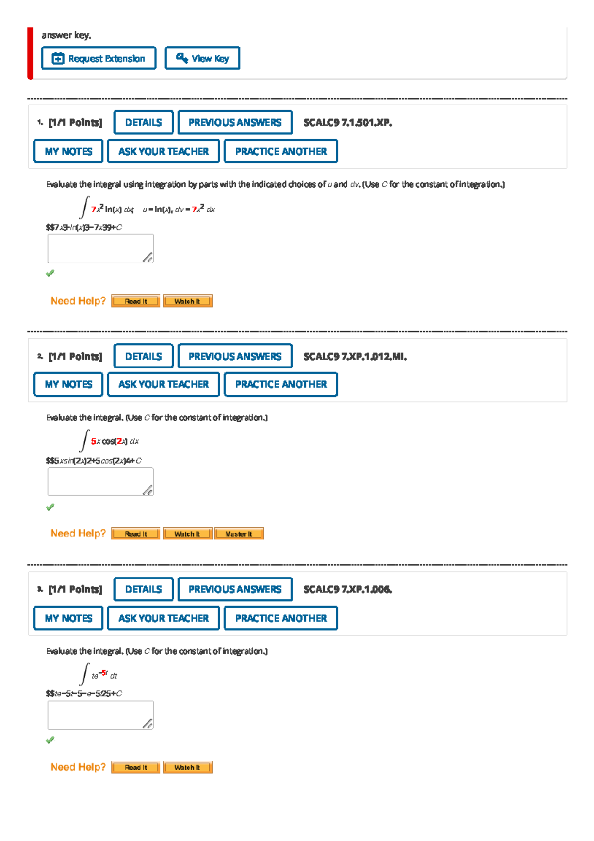 7.1 Integration by parts - Math 152, section 4, Spring 2023 Web Assign ...