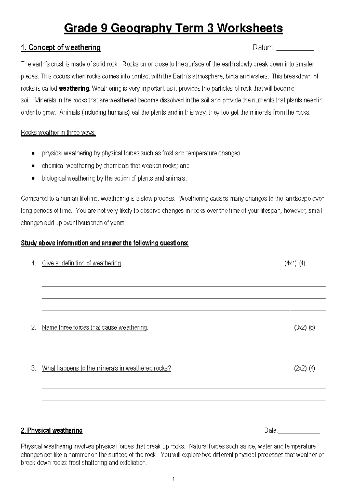 Gr. 9G Term 3 Geography Worksheets on Weathering and Erosion - Studocu
