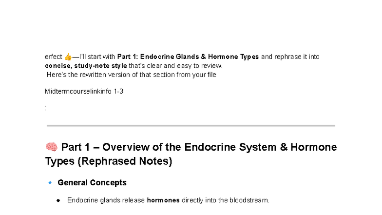 Midterm Course Notes: Part 1 - Overview of Endocrine Glands & Hormone ...