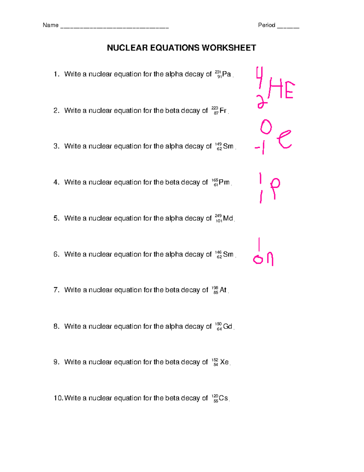 NUC 101 Nuclear Decay Reactions Worksheet: Exercises and Solutions ...