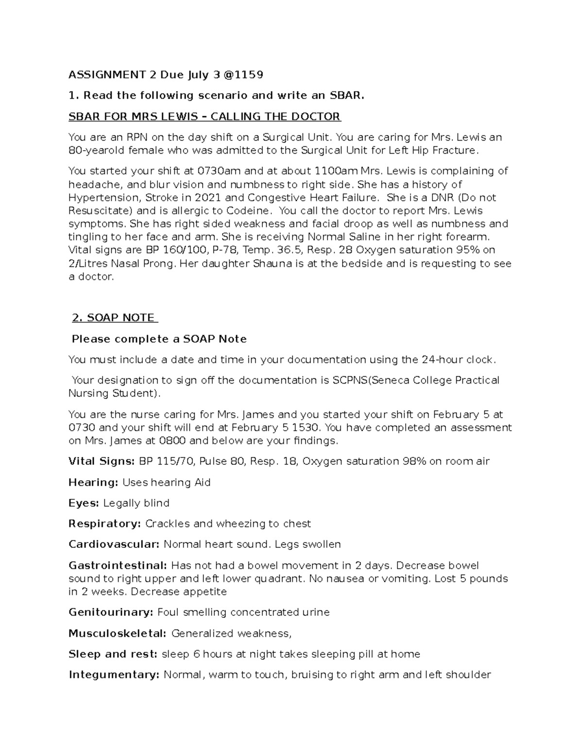 SBAR and SOAP Note Documentation for RPN Assignment 2 (NURS 101) - Studocu