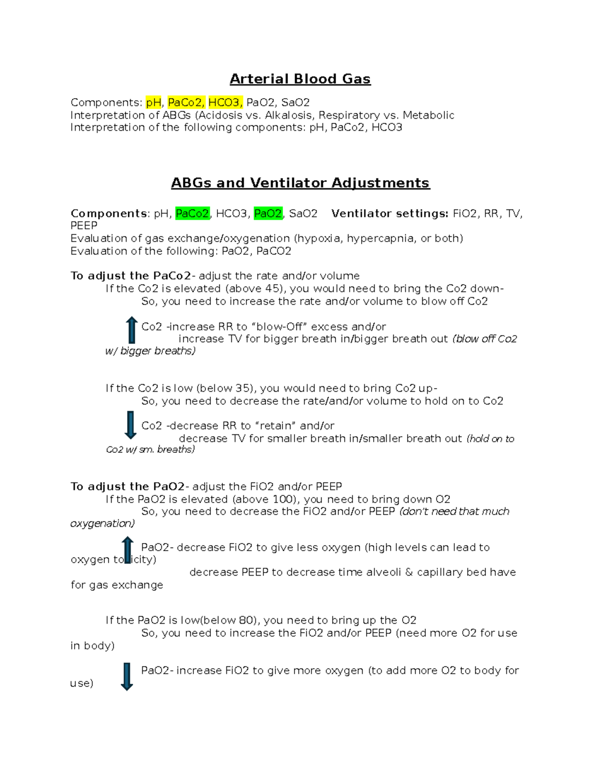 ABG Ventilator Adjustments Study Sheet: pH, PaCO2, HCO3, PaO2, SaO2 ...