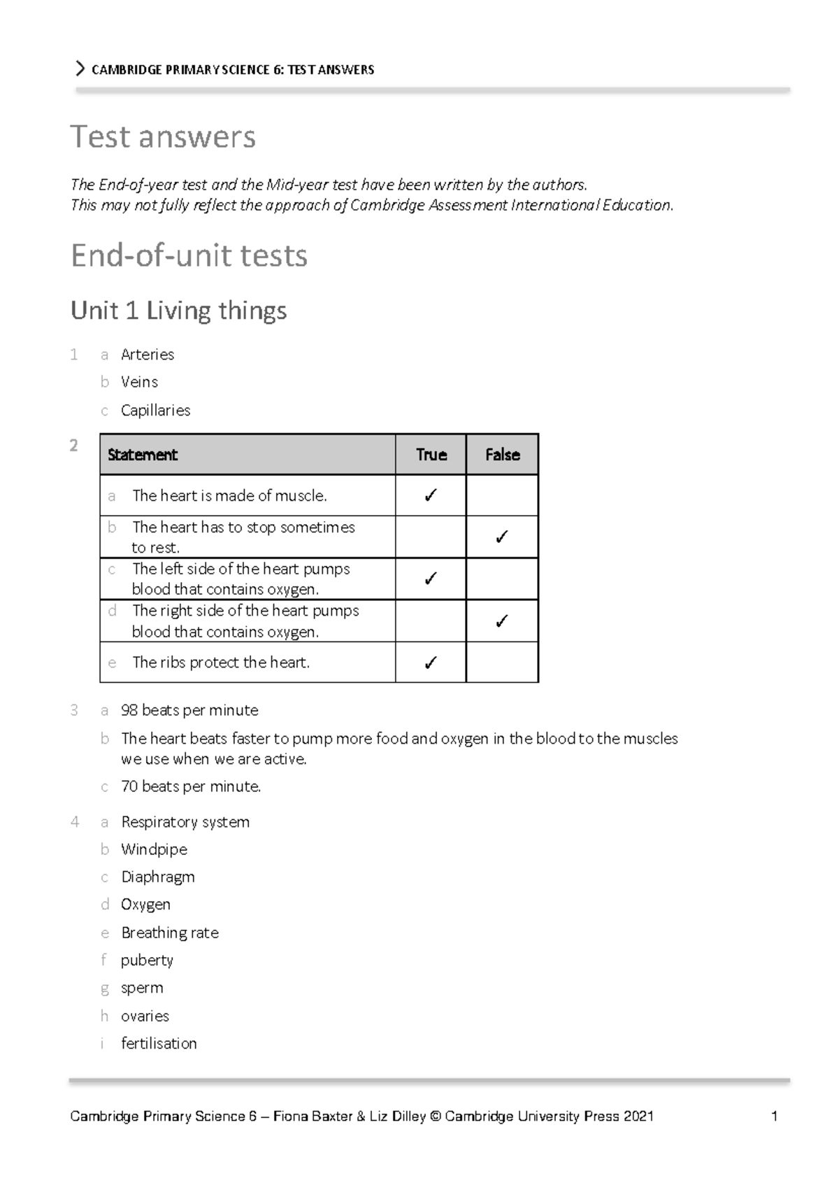 CAMBRIDGE PRIMARY SCIENCE 6: TEST ANSWERS Summary and Solutions - Studocu