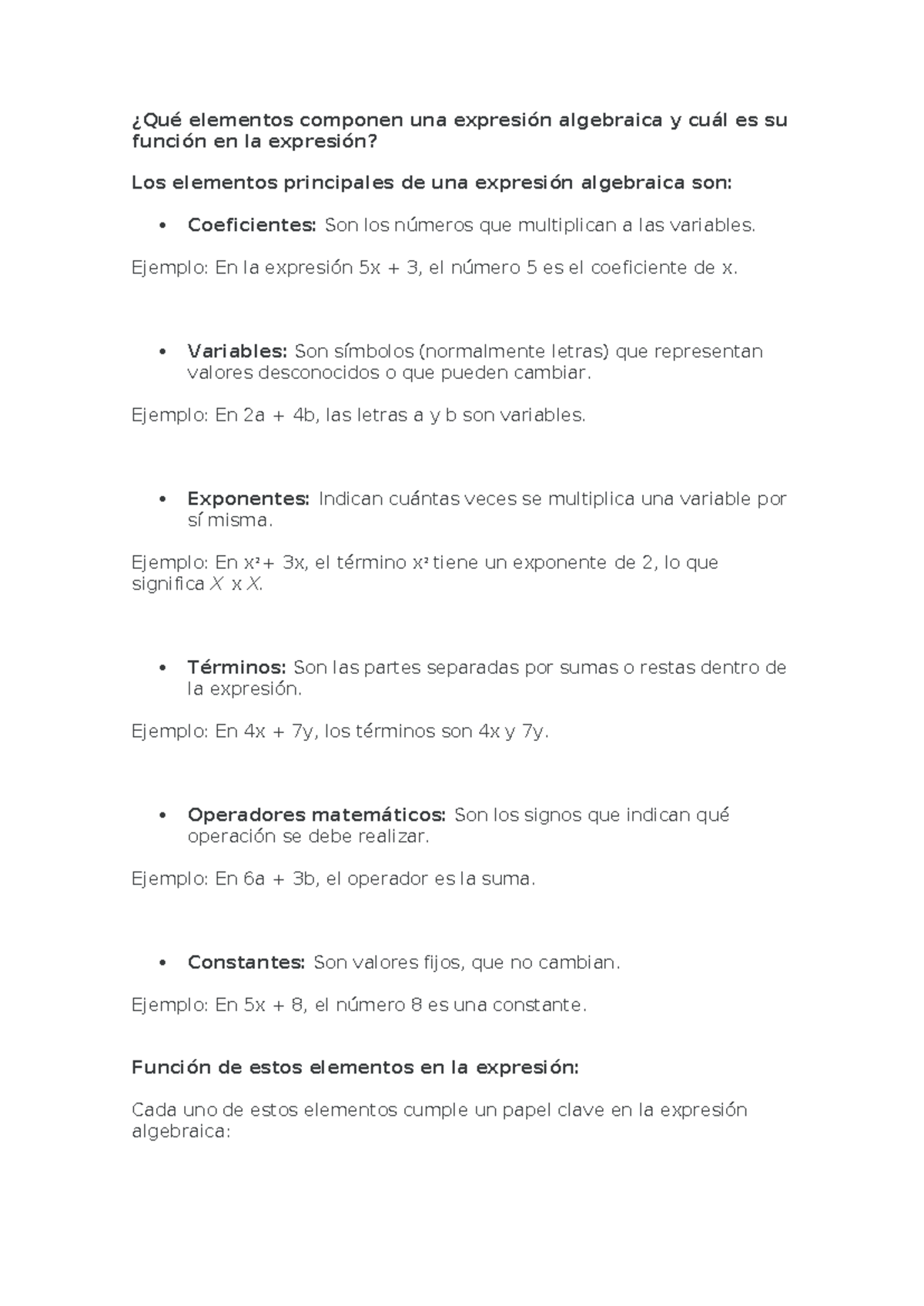 Matemáticas - Elementos y Funciones de Expresiones Algebraicas - Studocu