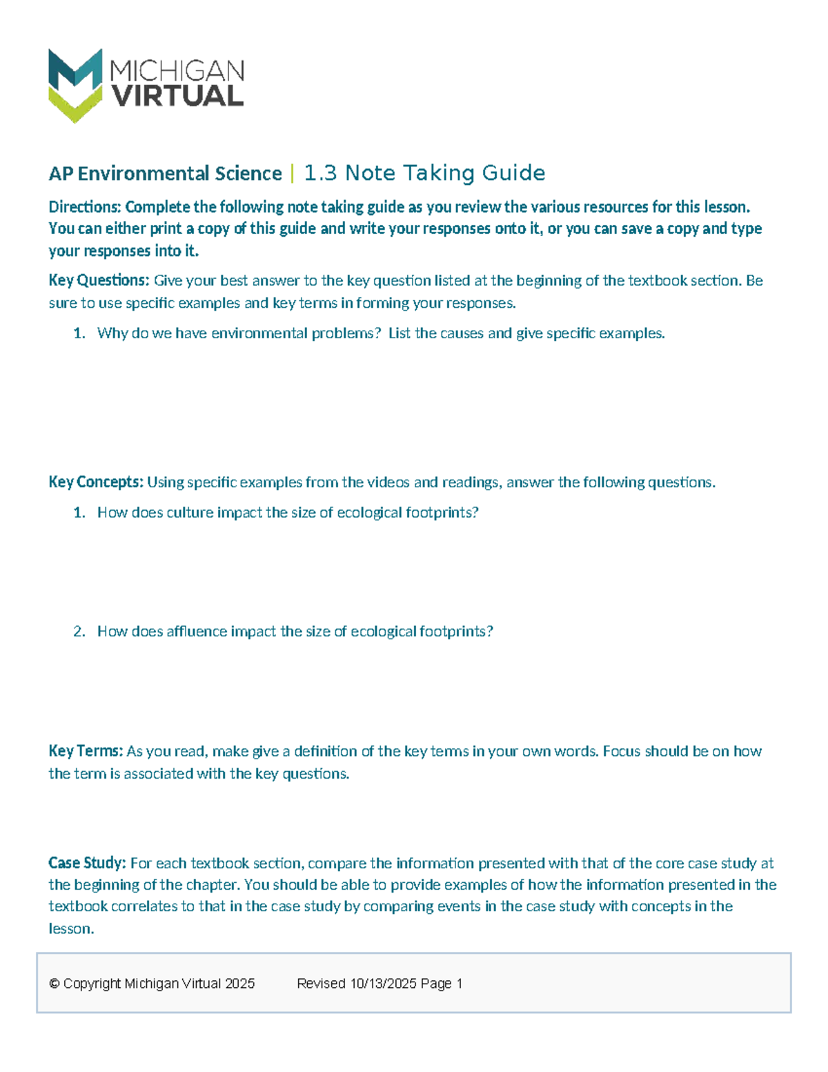 AP Environmental Science 1.3 Note Taking Guide: Key Concepts ...