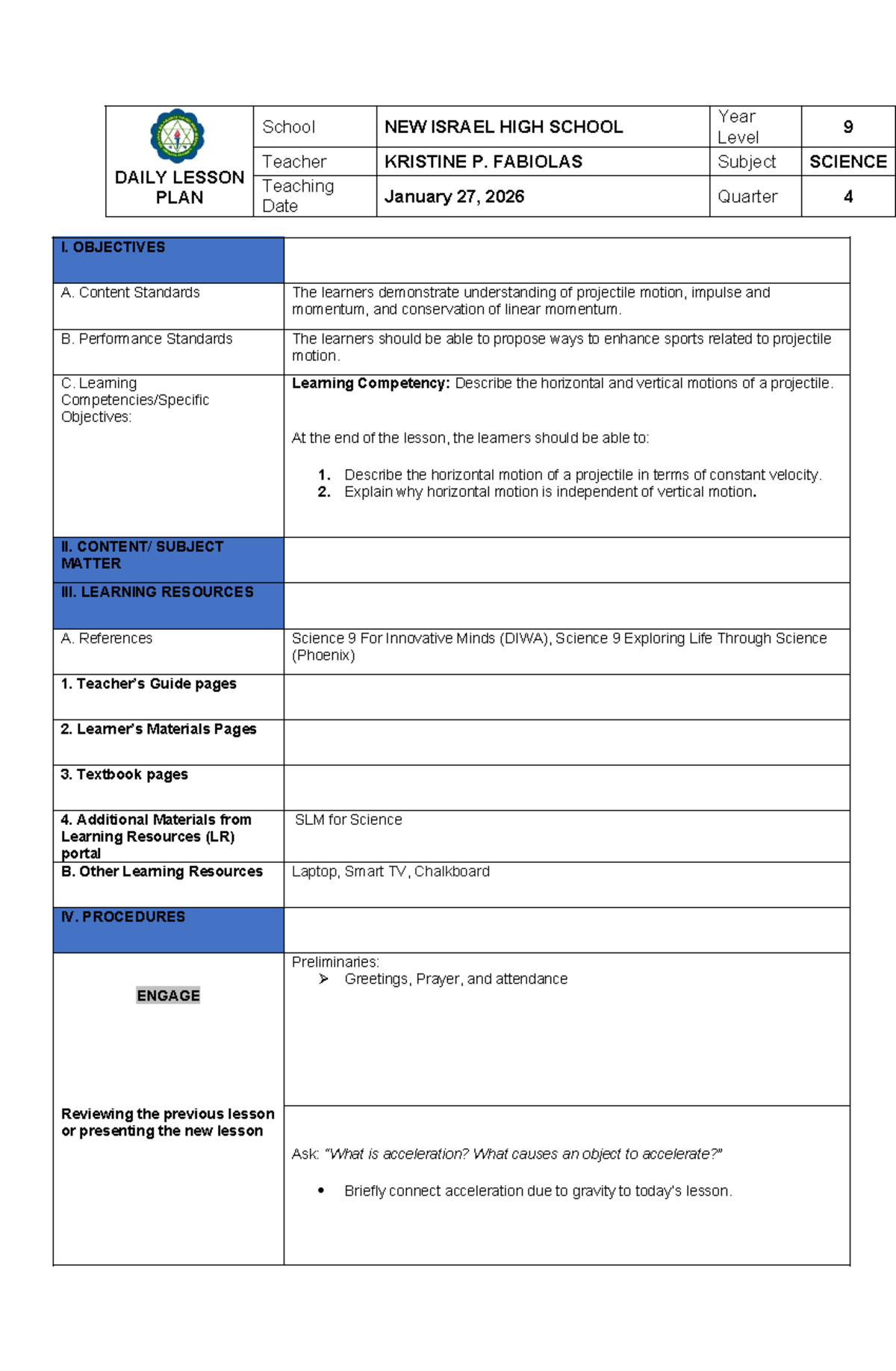 SCIENCE 9 Daily Lesson Plan: Understanding Projectile Motion - Studocu
