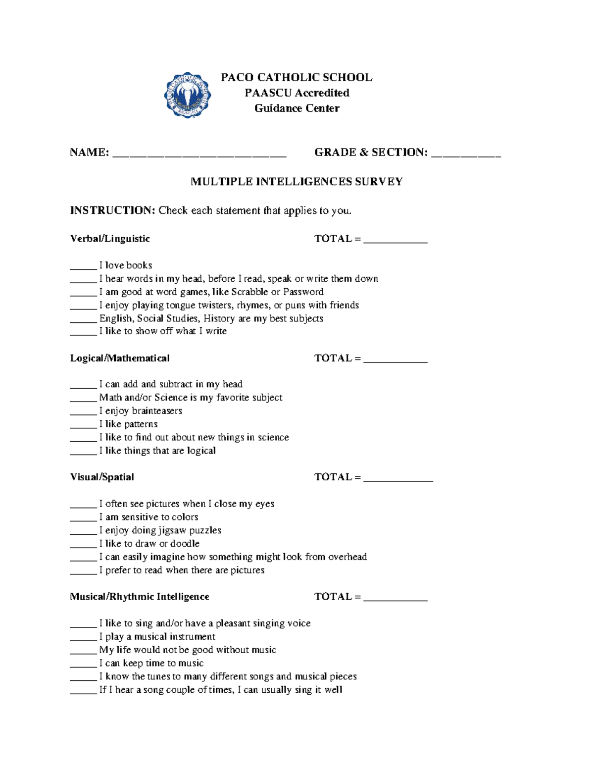Multiple Intelligences Survey 2022-2023 for PACO Catholic School - Studocu