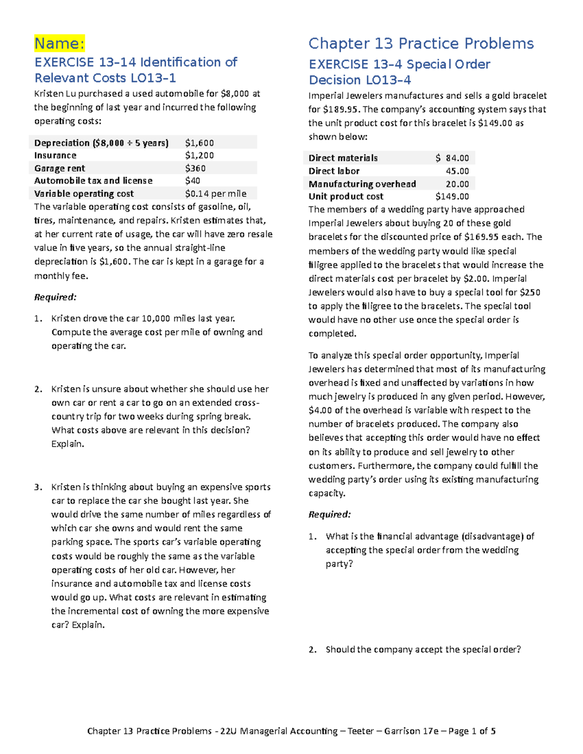 Chapter 13 Practice Problems - Name: Chapter 13 Practice Problems ...