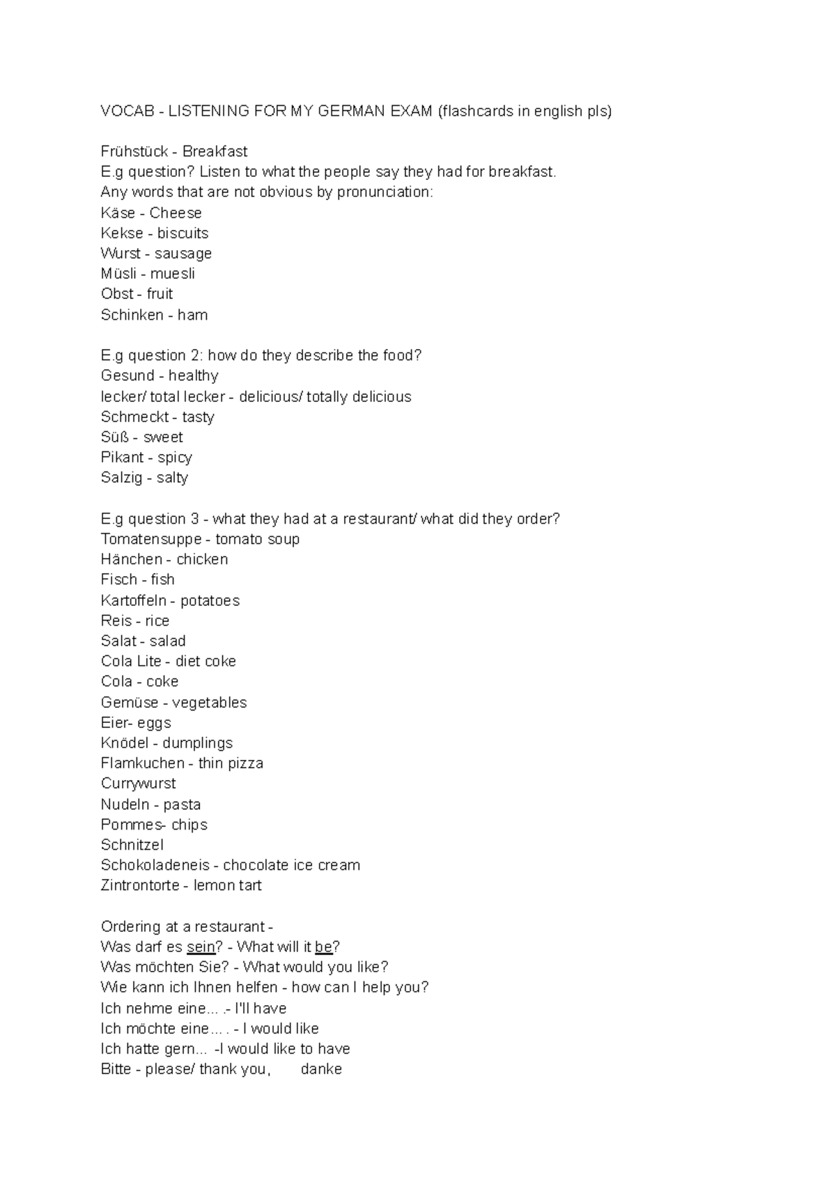 German Exam Vocabulary Flashcards for Listening - Studocu
