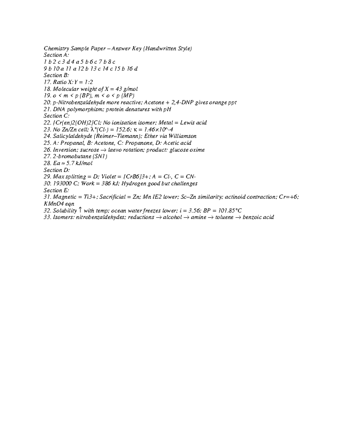 Chemistry Sample Paper Answer Key (Handwritten) - Studocu