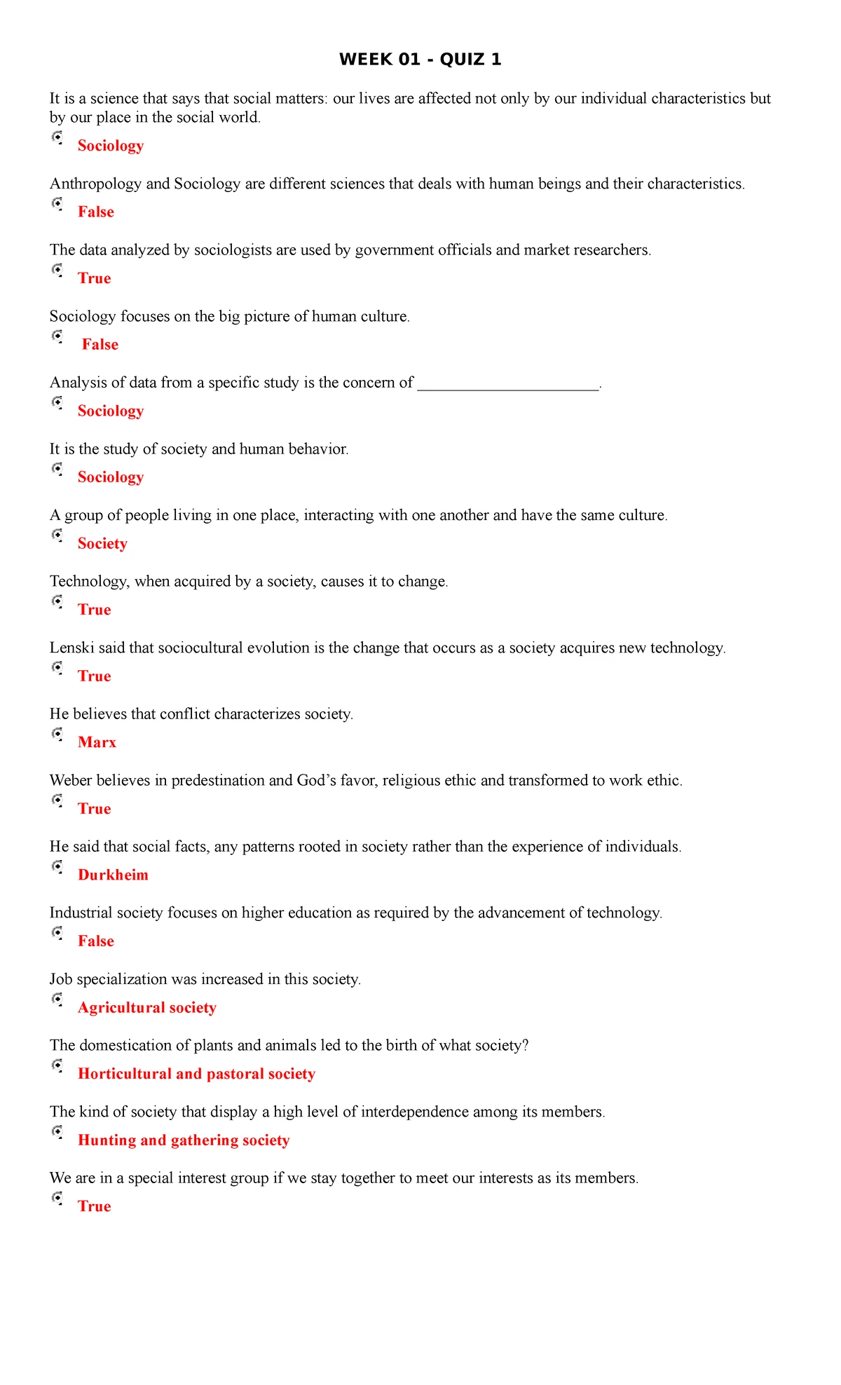 Assignment, Quiz, Long Quiz - WEEK 01 - QUIZ 1 It is a science that says that social matters ...