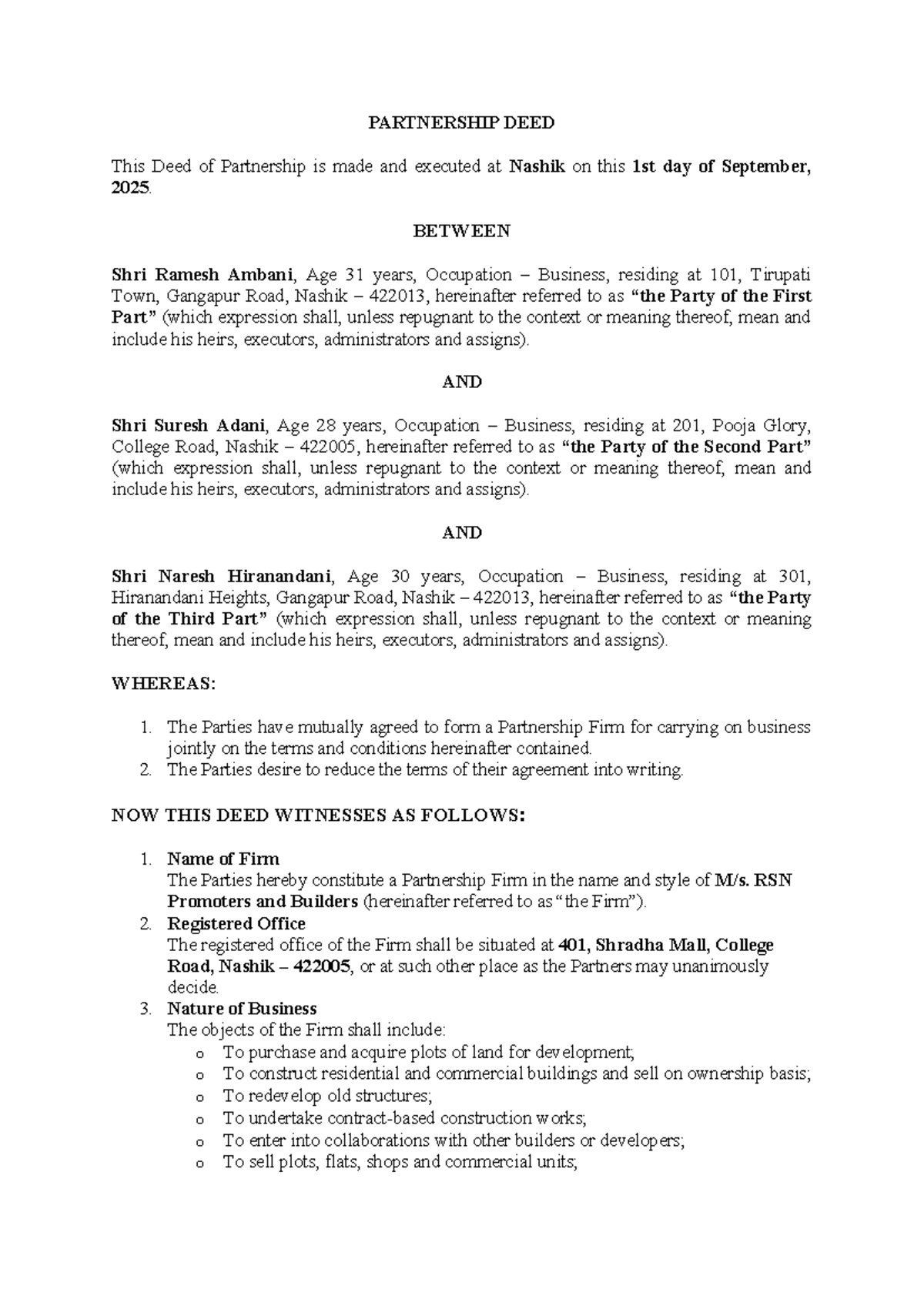 Partnership Deed - RSN Promoters and Builders Final Draft - Studocu
