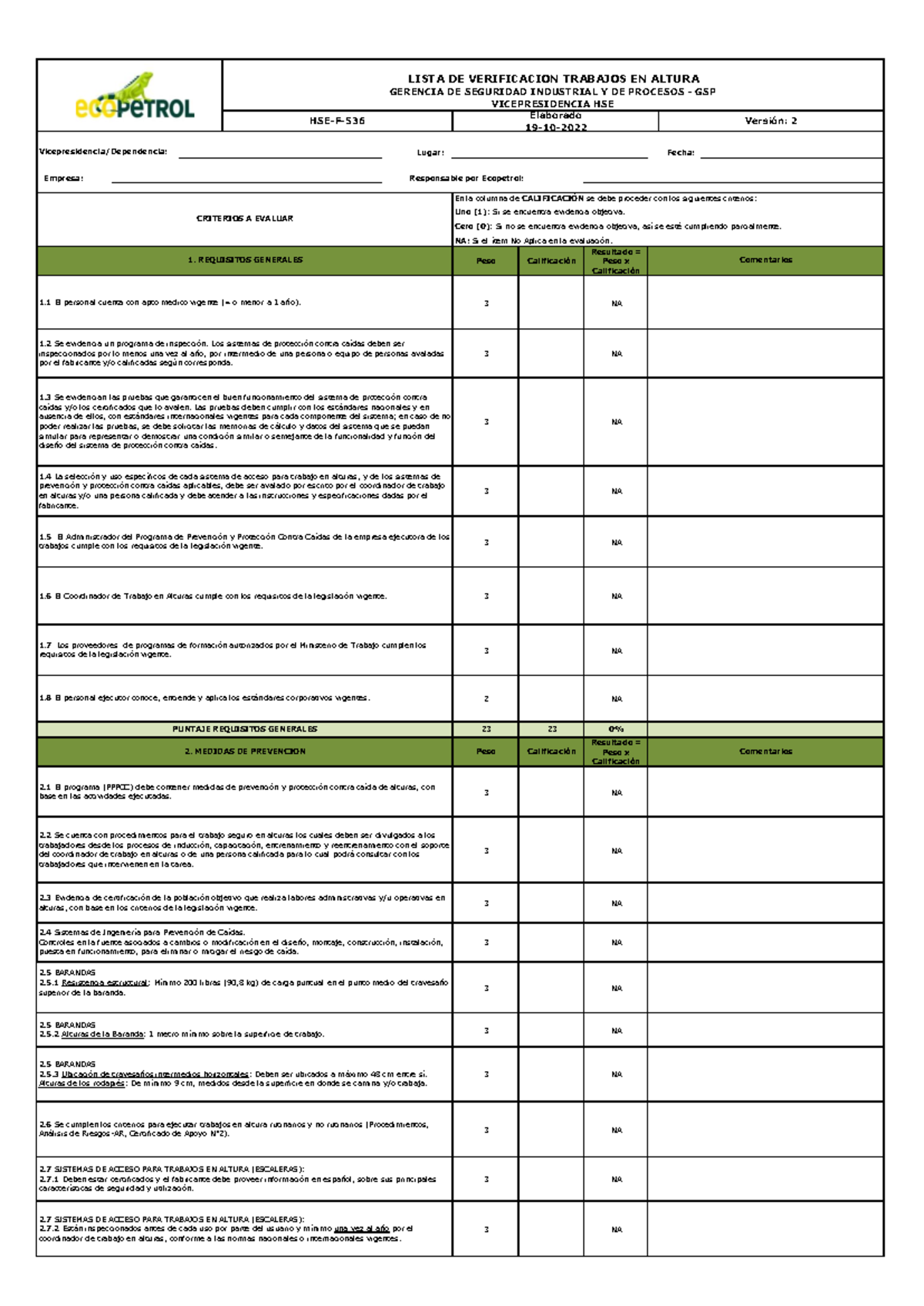 Lista de Verificación para Trabajos en Altura - HSE-F-536 - Studocu
