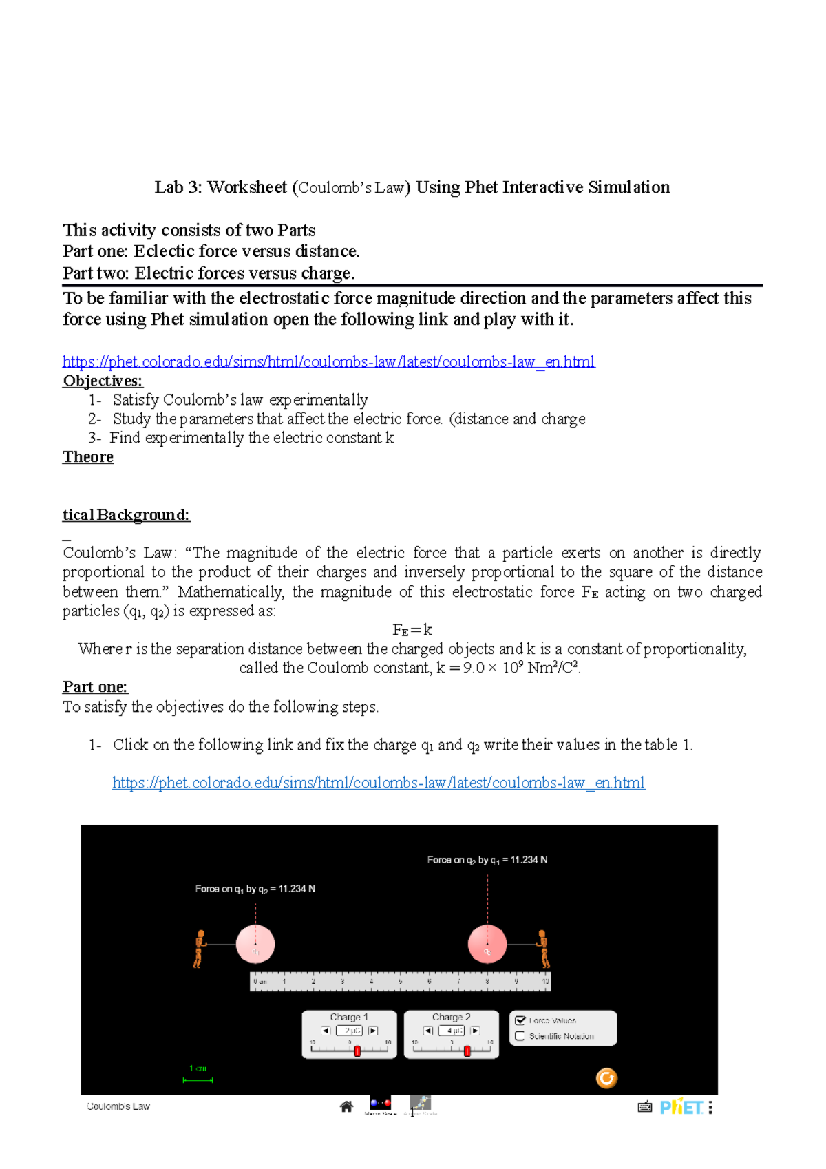 Coulomb's Law Lab Worksheet: Exploring Electric Forces & Charges - Studocu