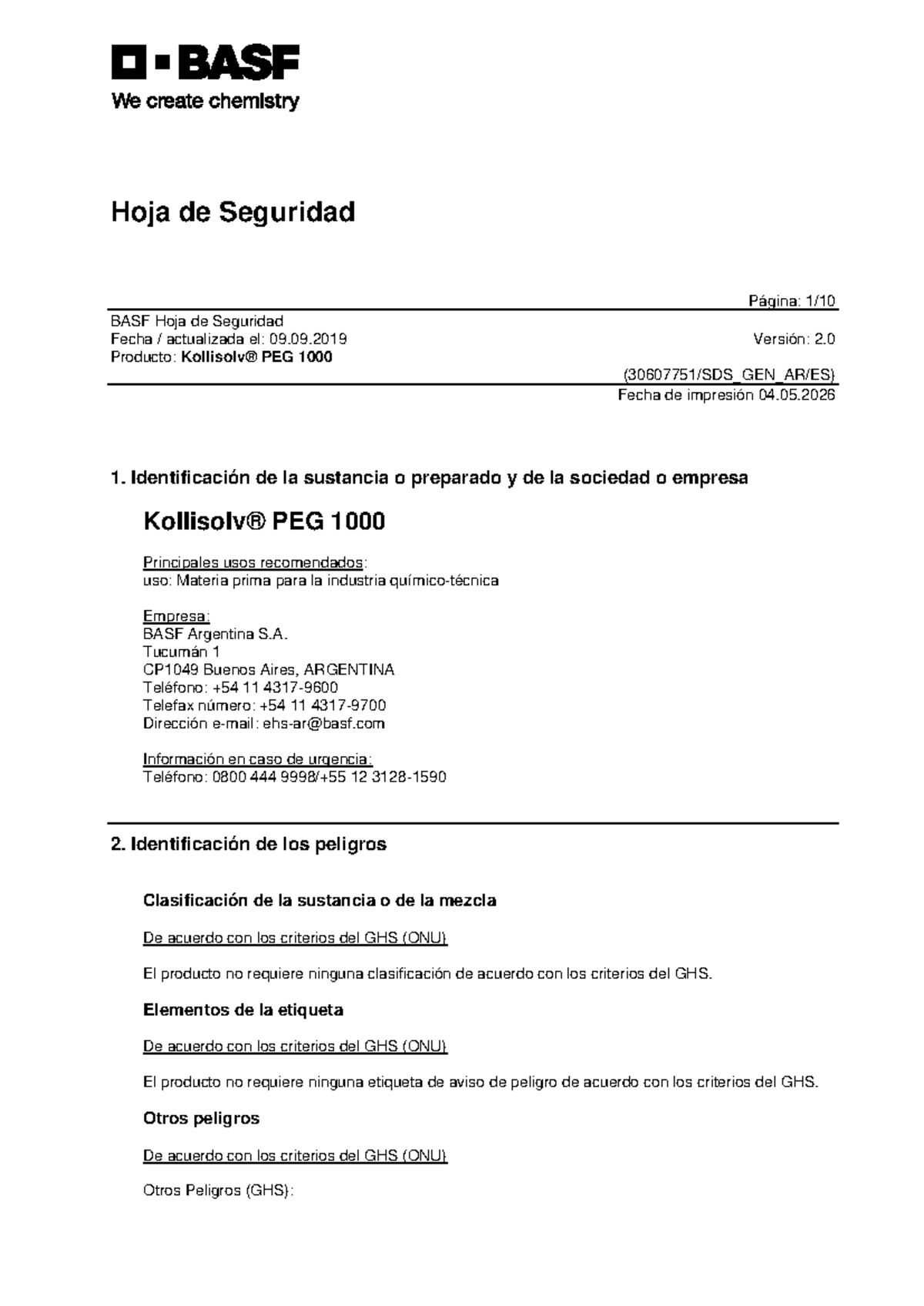 Hoja de Seguridad BASF: PEG 1000 (SDS) - Versión 2.0 - Studocu