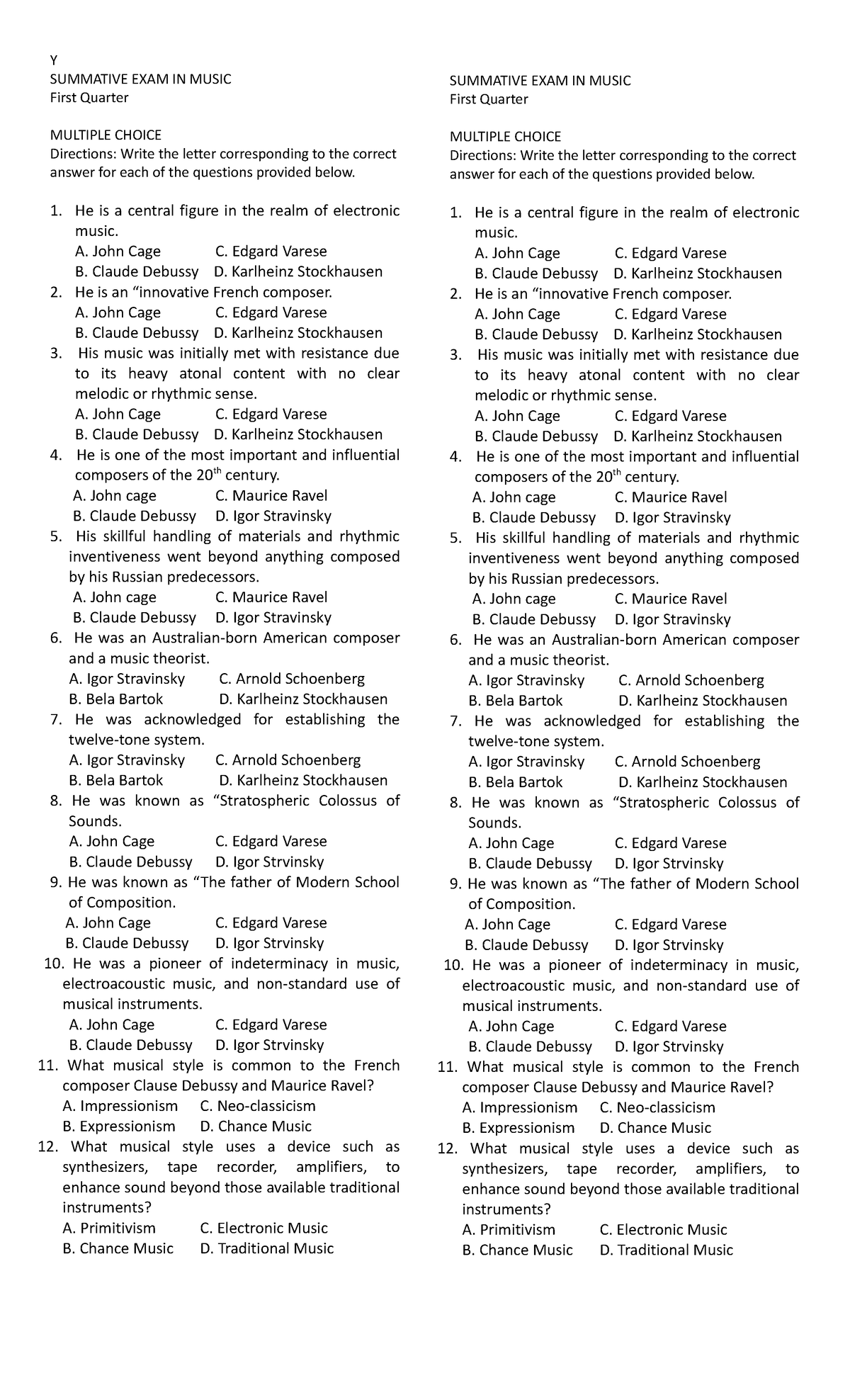 1st Quarter Music Summative Exam 2022-2023 - Multiple Choice - Studocu