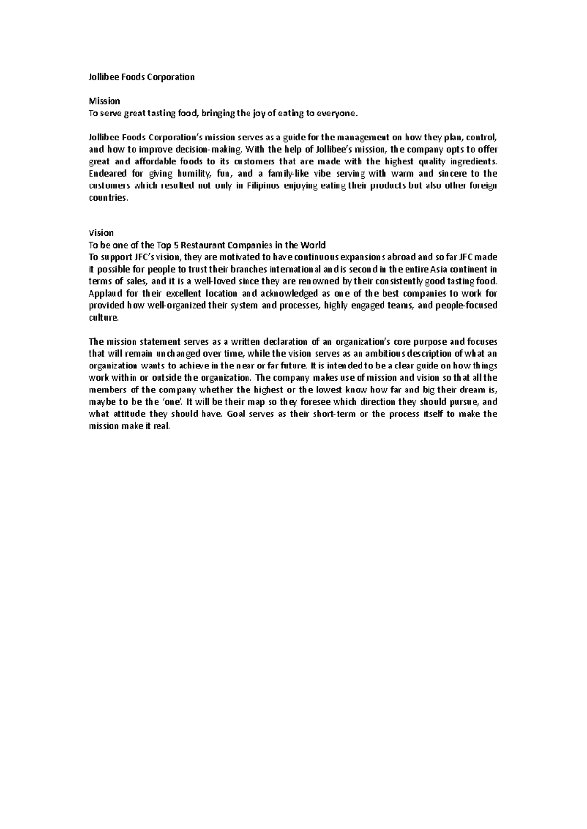 Strategic Management - JFC Mission & Vision Analysis on Jollibee - Studocu