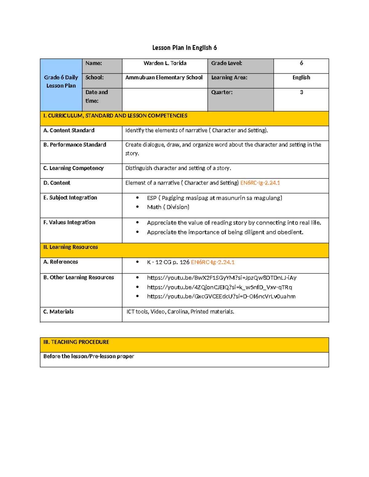 English 6 Lesson Plan: Exploring Character and Setting in Narratives ...