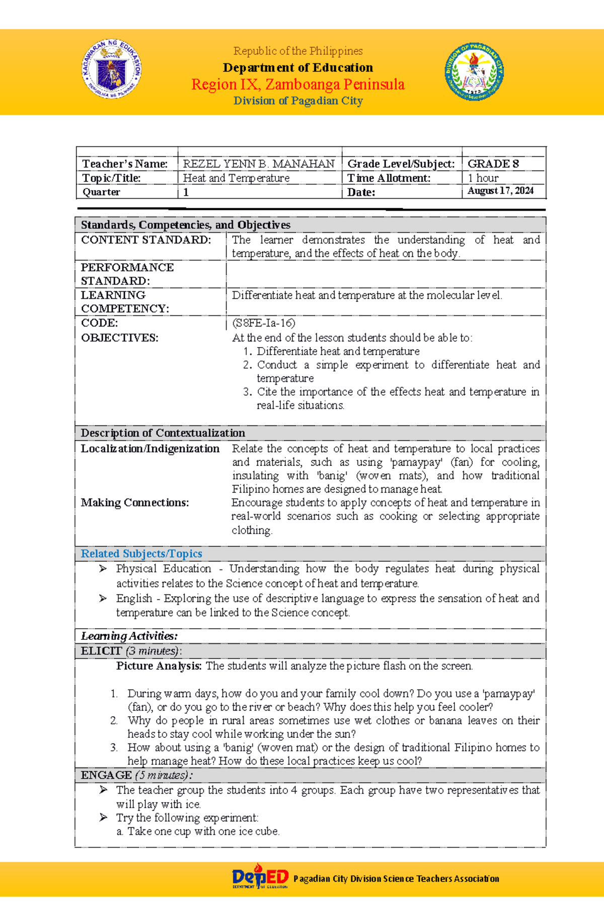 LP Grade 8 Quarter 1 - LESSON PLAN - Teacher’s Name: REZEL YENN B ...