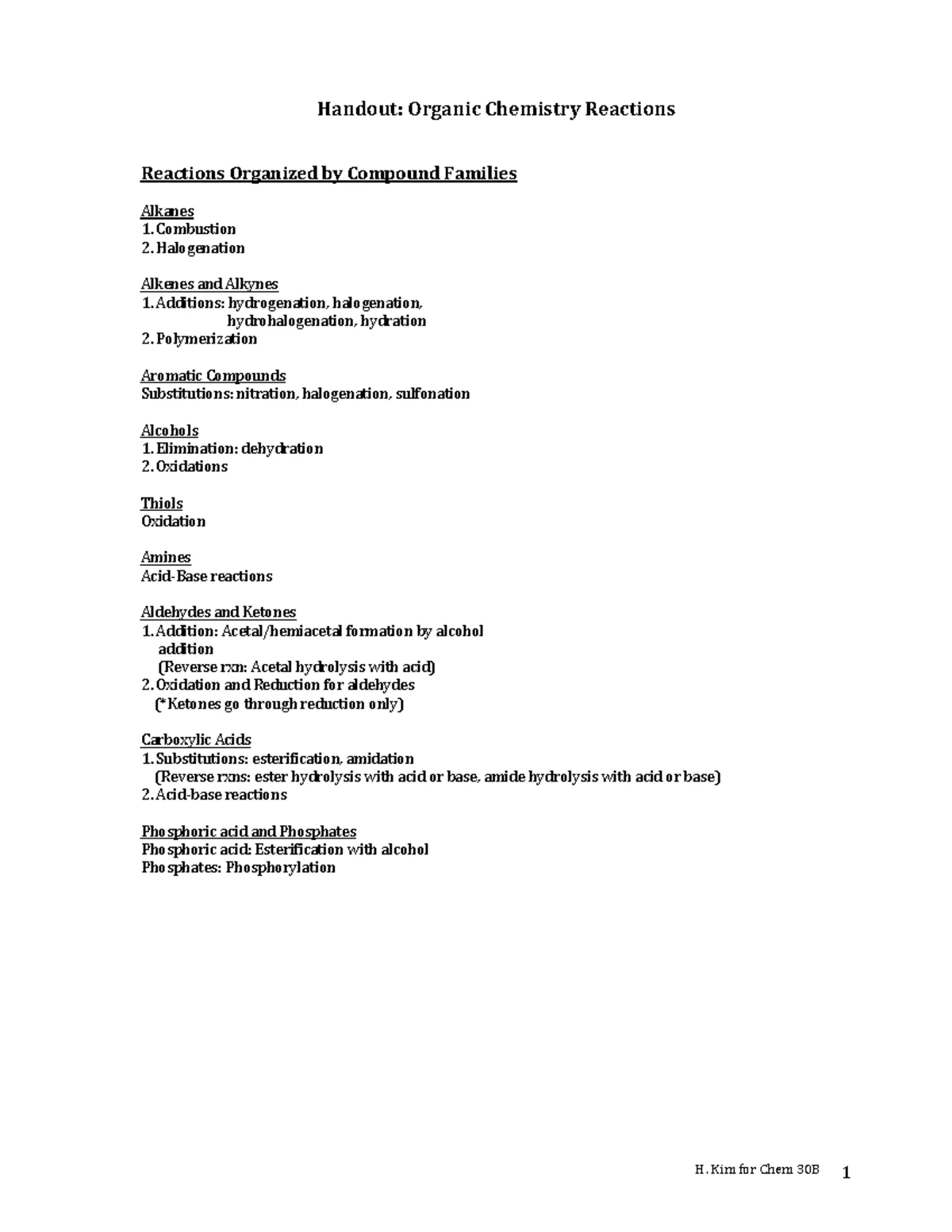 Organic Chemistry Reactions - Handout: Organic Chemistry Reactions ...
